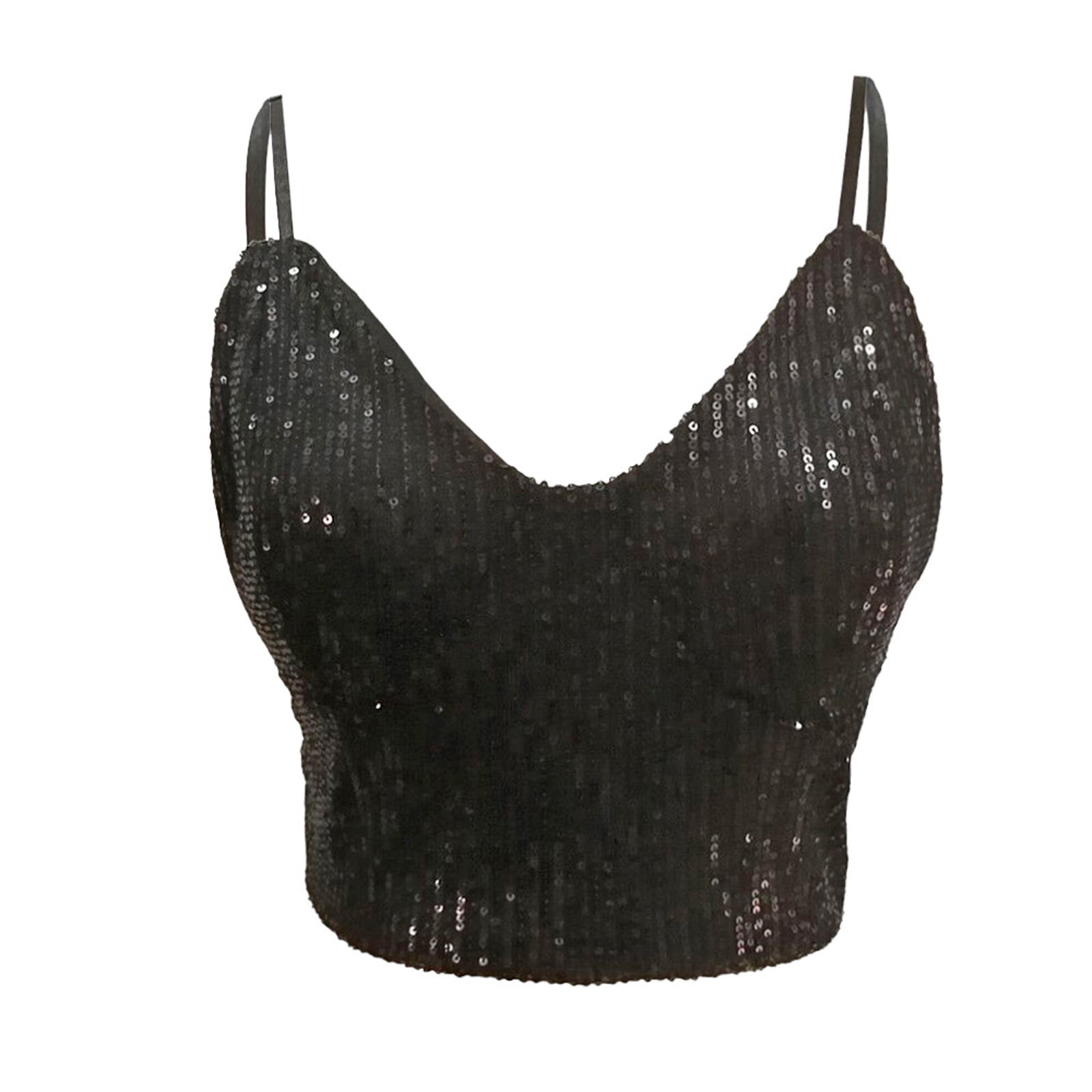 XFLWAM Womens Sparkly Sequin Top Spaghetti Strap Crop Top Glitter ...