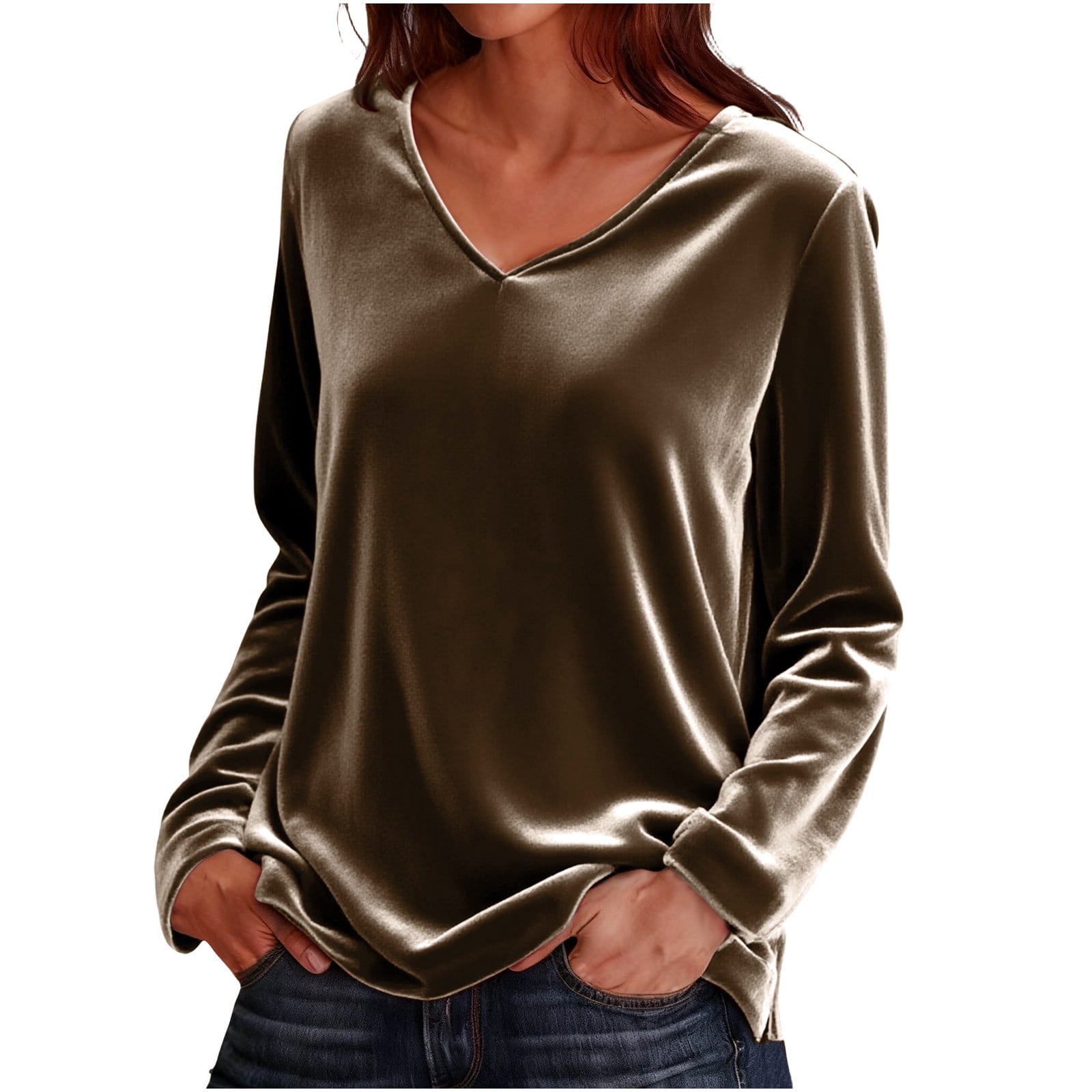 XFLWAM Womens Velvet Tops V Neck Long Sleeve Tunic Shirts Dressy Casual ...