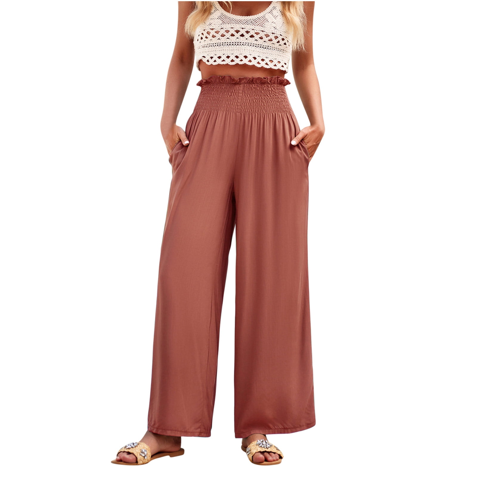 XFLWAM Womens Wide Leg Palazzo Pants High Waisted Flowy Lounge Pant ...