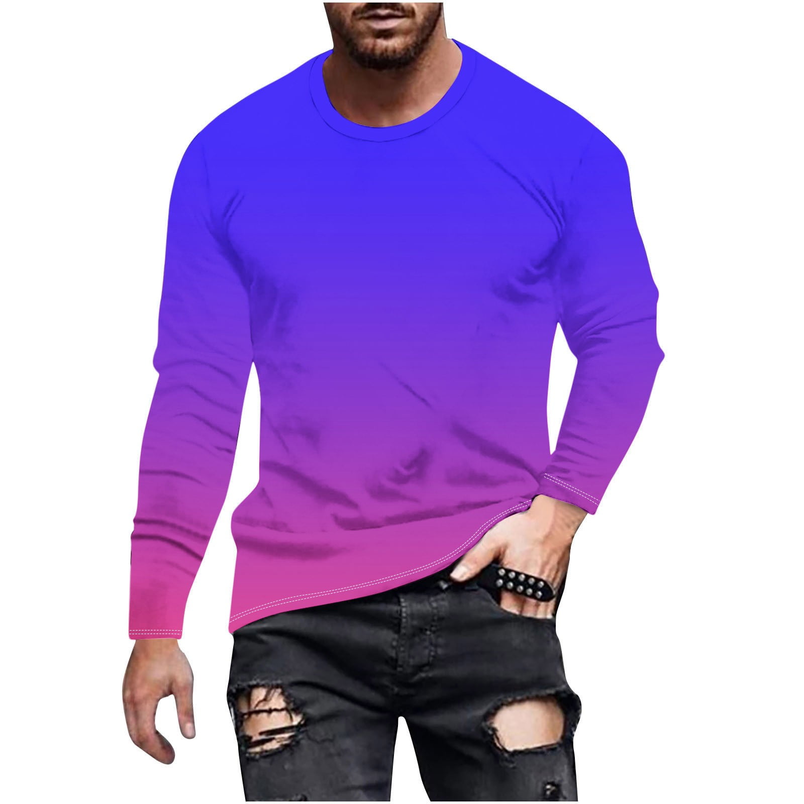 XFYSSS Fashion Men's Gradient Printed Top Casual Long Sleeved Round ...