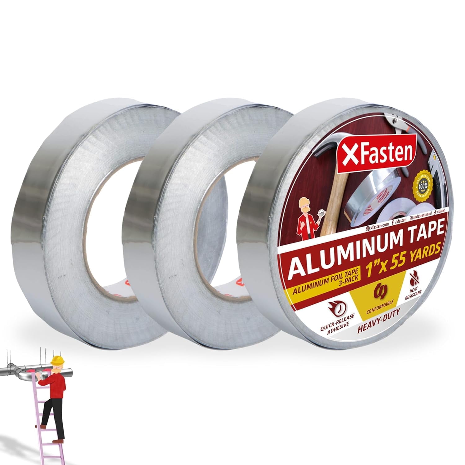 XFasten 1" x 55 Yards (3 Packs) Aluminum Foil Tape, Heavy Duty Heat ...