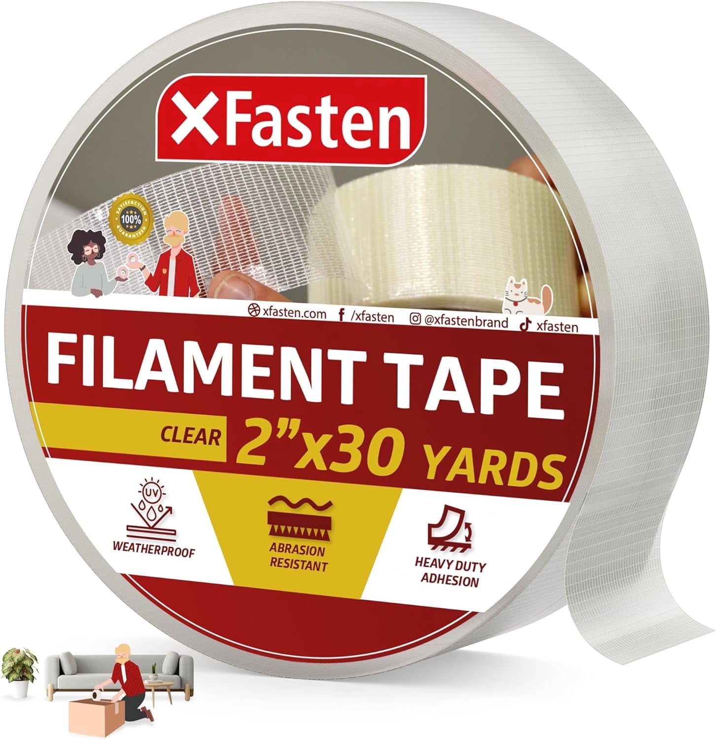 XFasten Clear Heavy-Duty Reinforced Filament Tape, 2" x 30 Yards ...