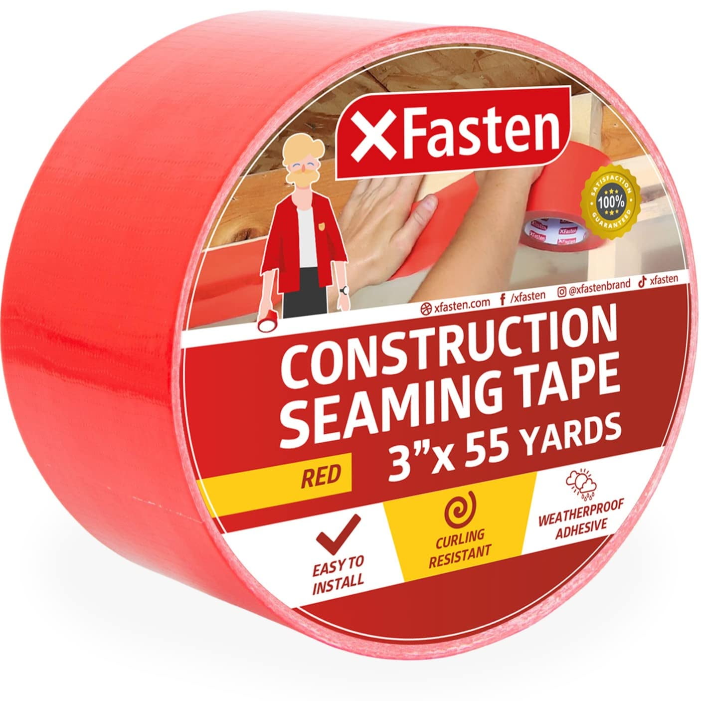 XFasten All-Weather Red Construction Seaming Tape, 3" x 55 Yards, for ...
