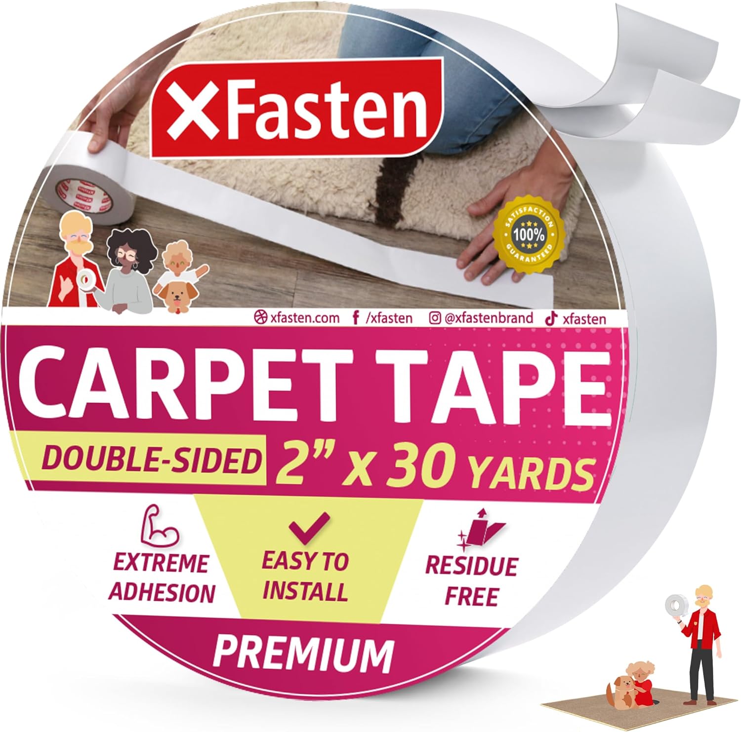 XFasten Extra Sticky Carpet Tape, White, 2" x 30 Yards, 3-Inch Core ...
