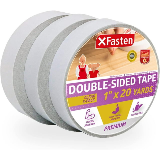 XFasten Multipurpose Double Sided Tape Clear, Removable, 1-Inch by 20-Yards, Pack of 3 for ...