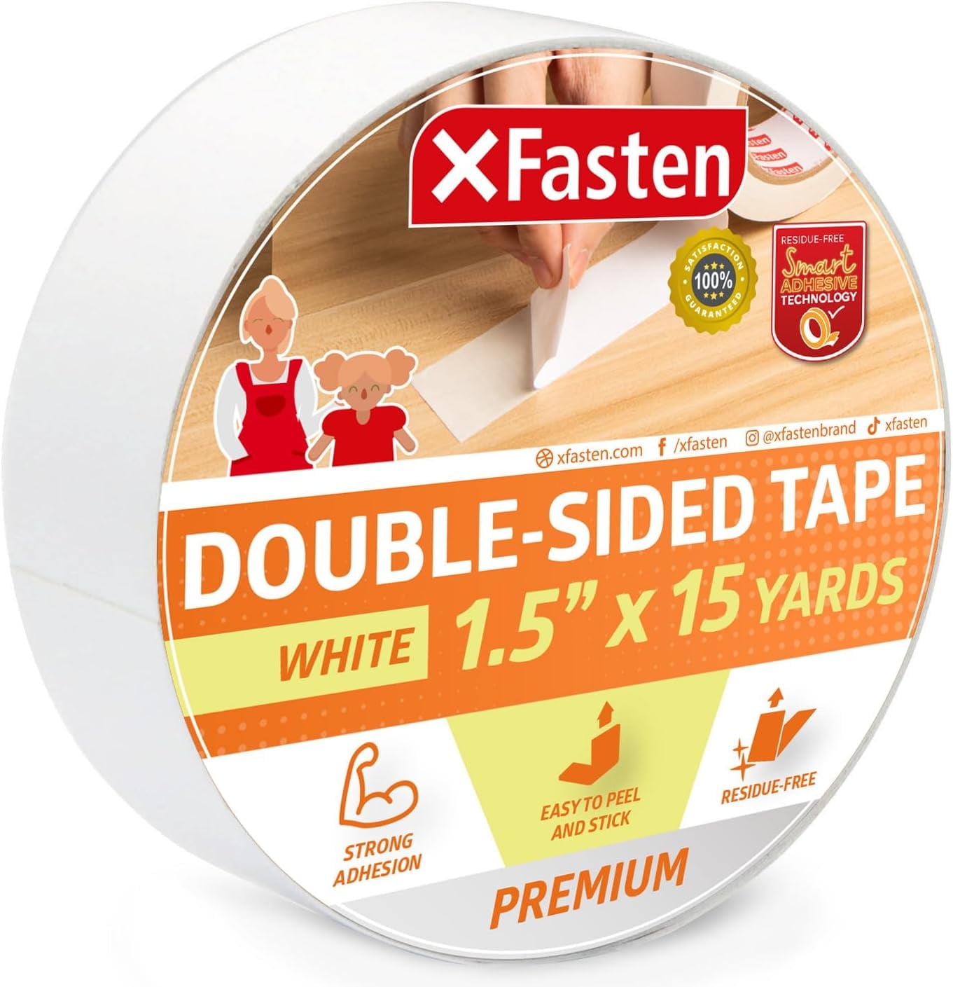 XFasten Double Sided Tape, 1.5-Inch by 15-Yards, Single Roll, Easy to ...