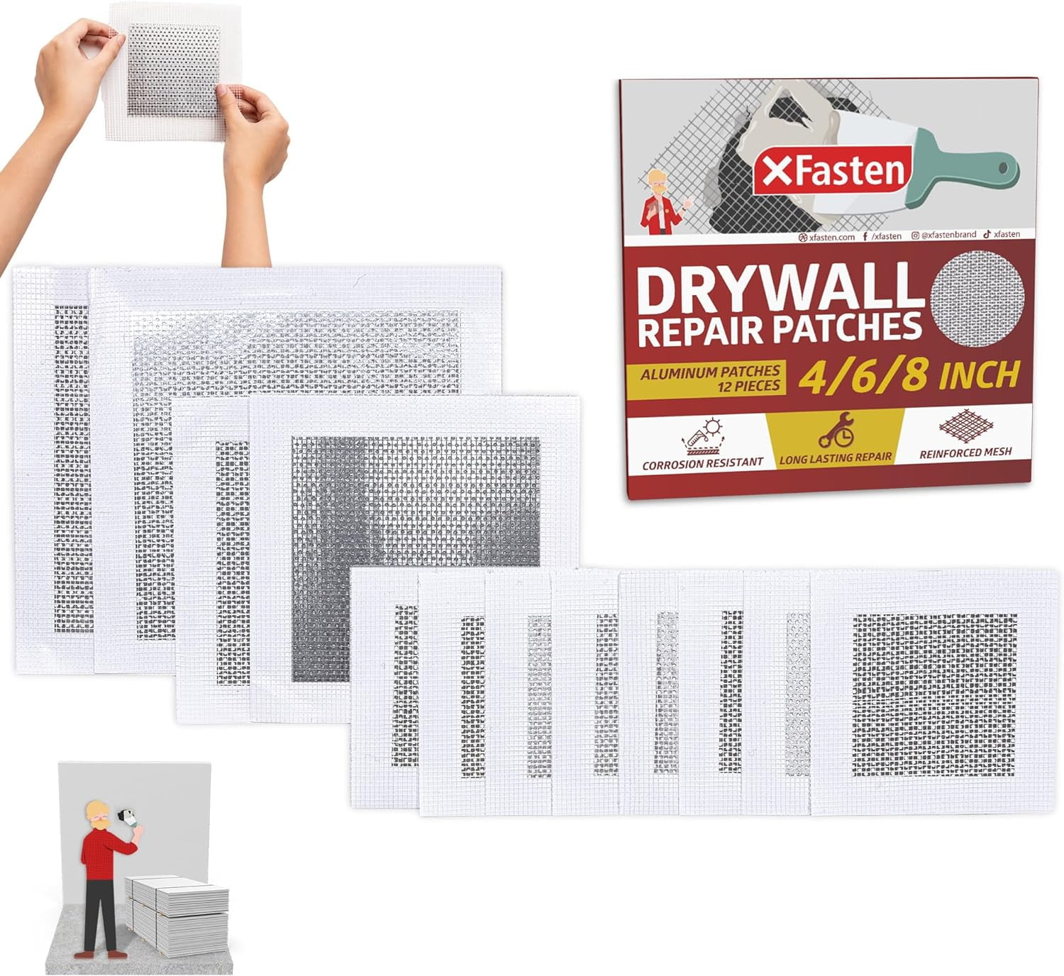 XFasten Drywall Repair Kit 12-Pack 4/6/8 Inch Aluminum Dry Wall Repair Patch Kit, Wall Patch Kit ...