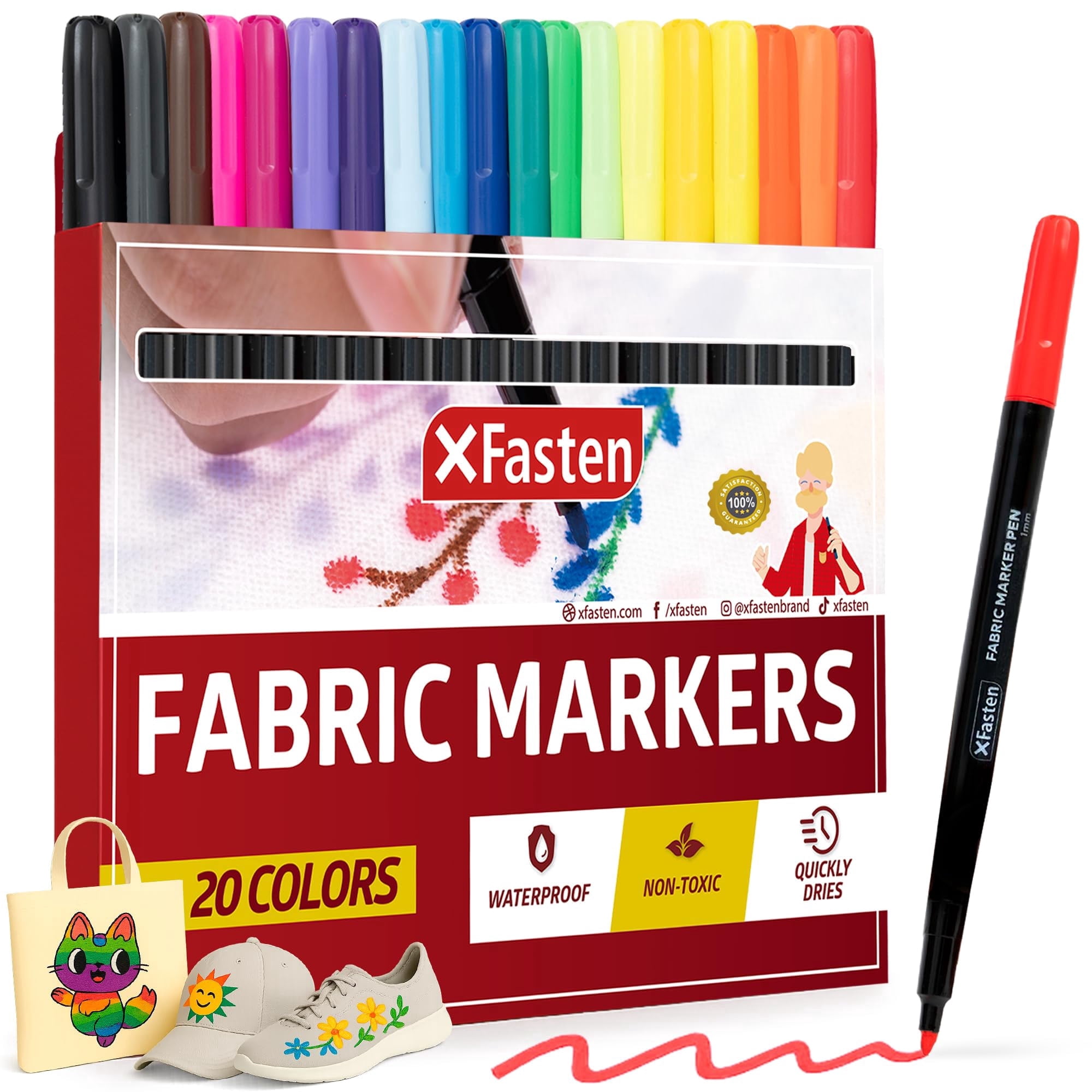 XFasten Fabric Paint Markers for Clothes Permanent, 1mm Fine Tip | 20 ...