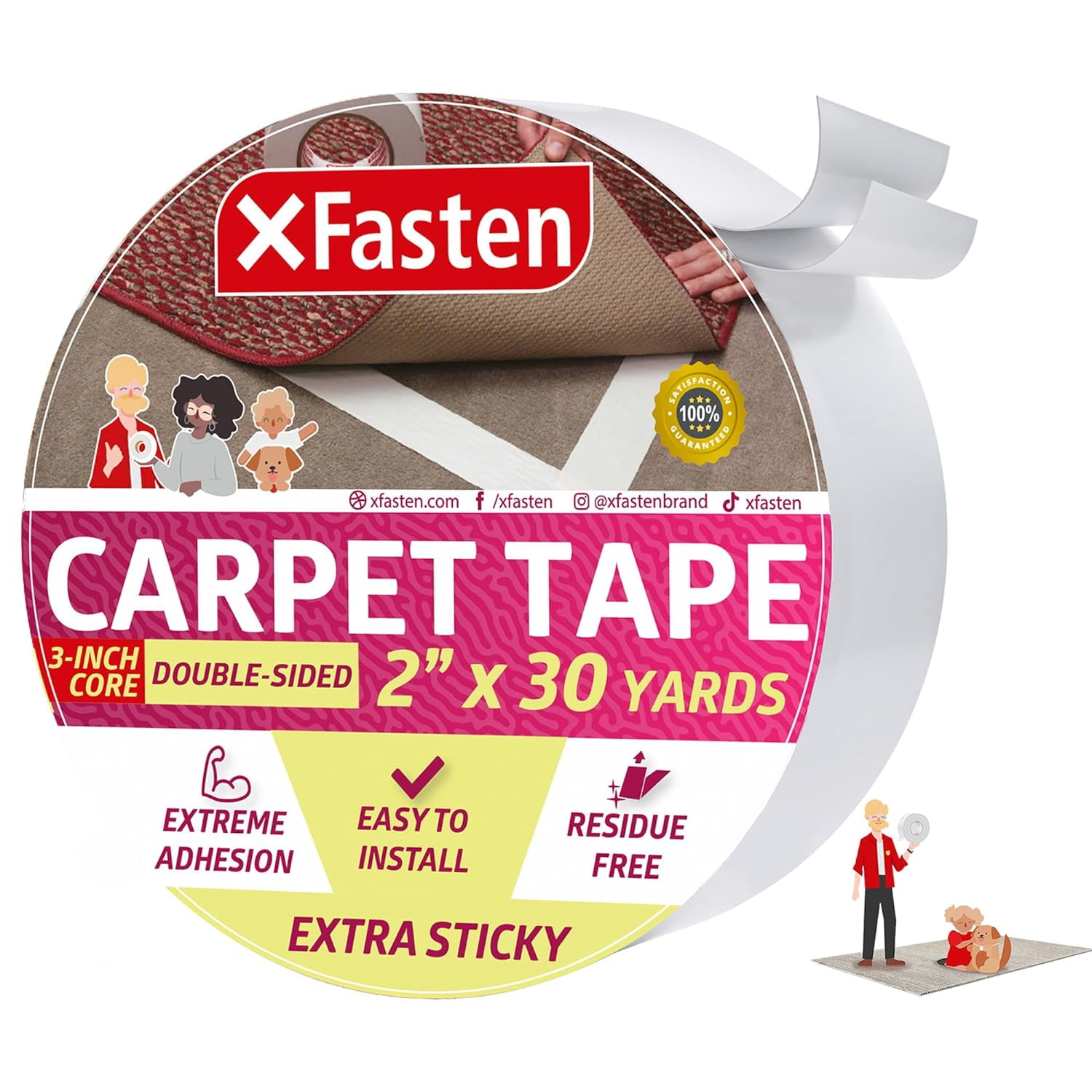 XFasten Heavy Duty Rug Adhesive Hold Sticky Tape, 2x30 Yards, 3-Inch ...
