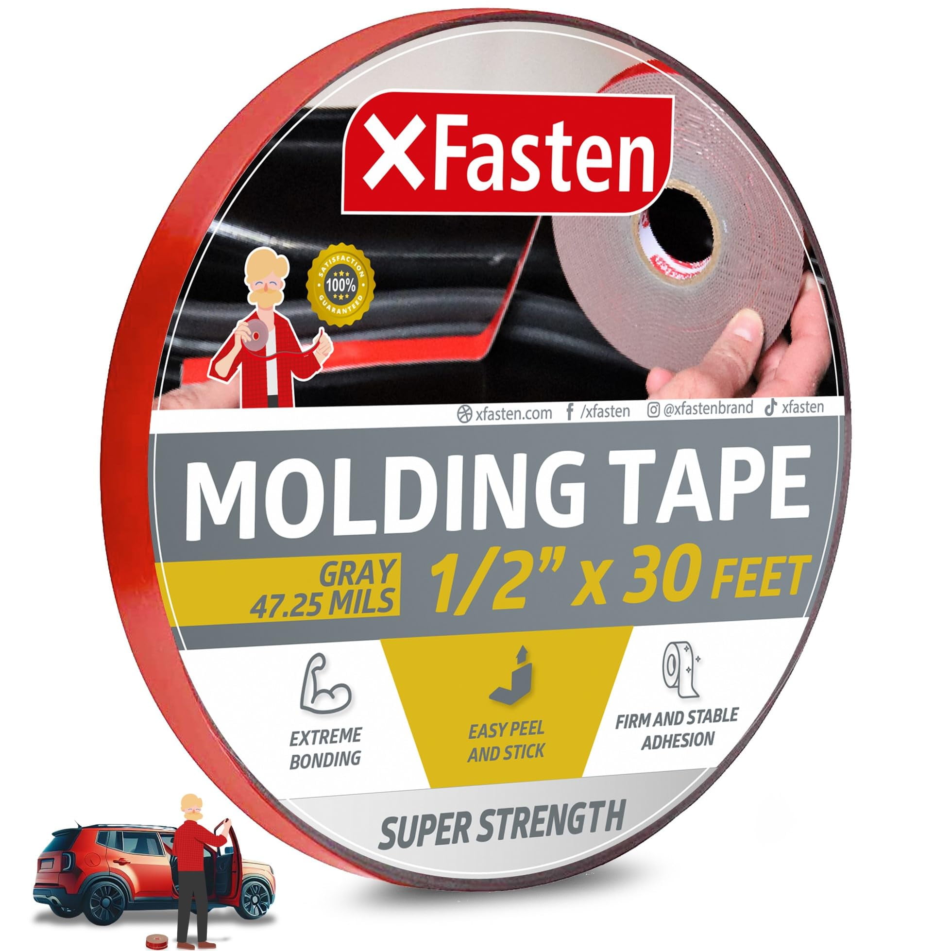 XFasten Super Strength Automotive OIF8 Molding Tape, Gray, 1/2-Inch Double Sided Exterior ...
