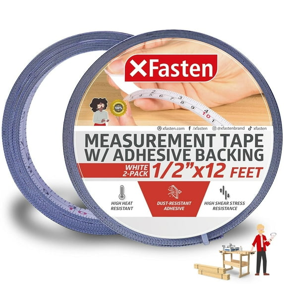 XFasten Adhesive Backed Measurement Tape, White, 1/2" x 12 Ft, Self ...