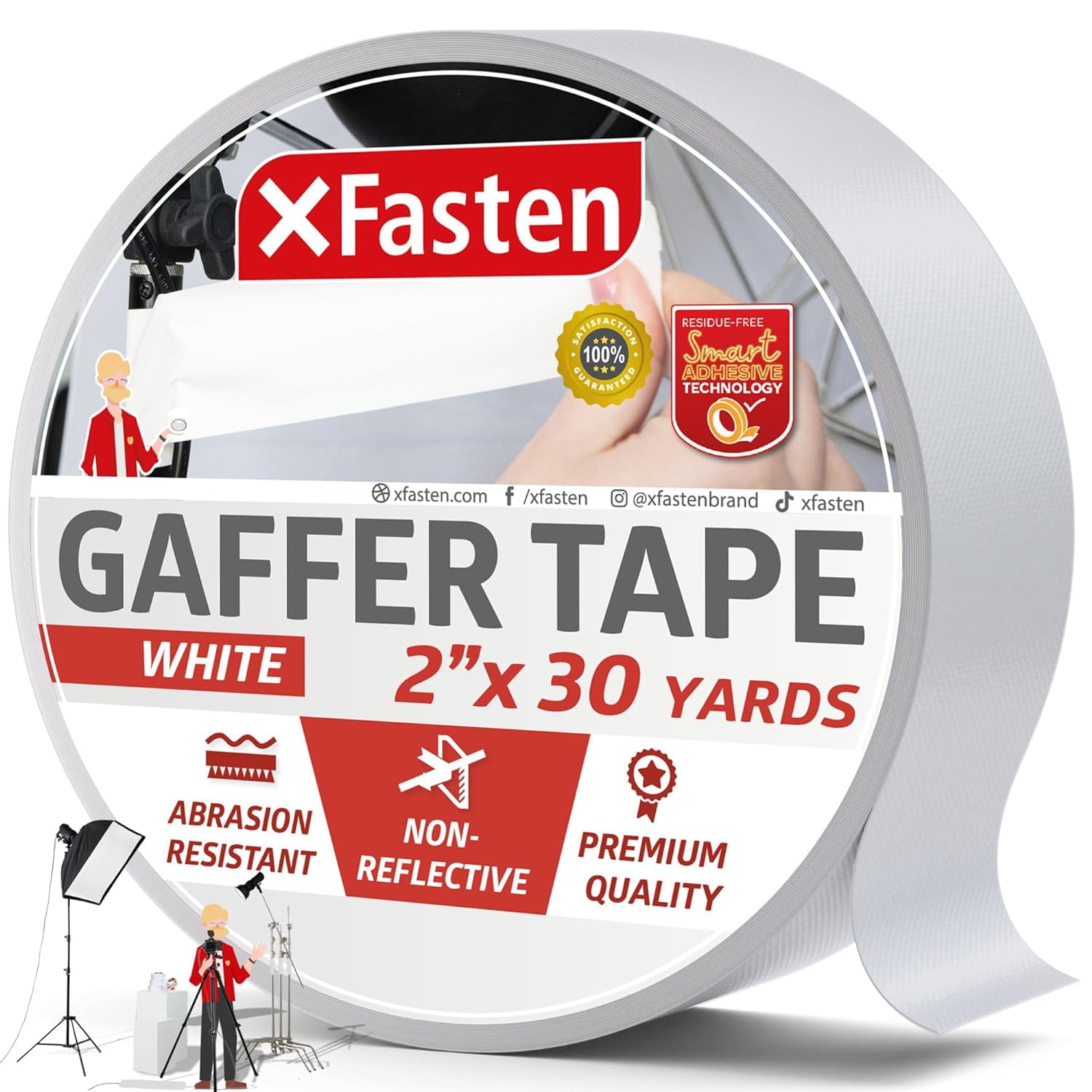 XFasten White Gaffer Tape, 2 Inch X 30 Yards, Non-Reflective, No ...