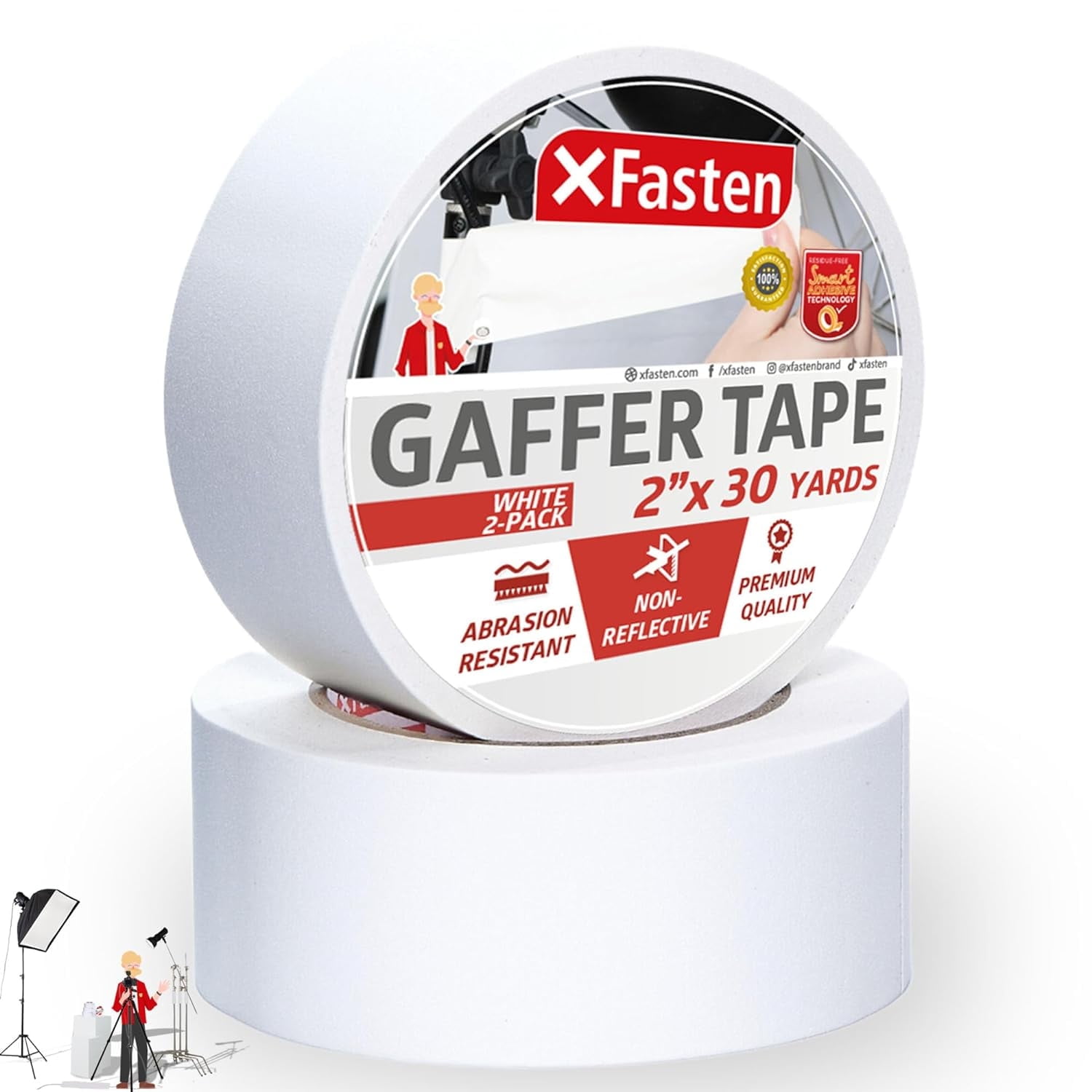 XFasten Pro-Grade White Gaffer Tape, 2 Inch x 30 Yards, Residue-Free ...