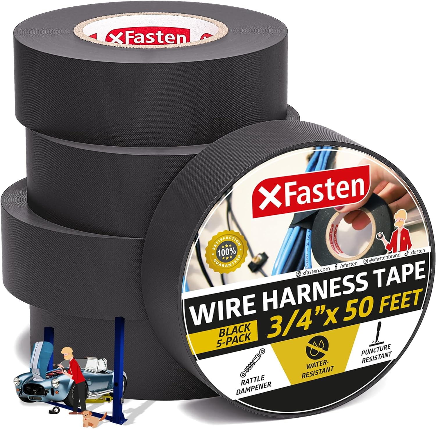 XFasten Wire Harness Tape, Black, 3/4" x 50 Ft, 5 Pack, Automotive ...