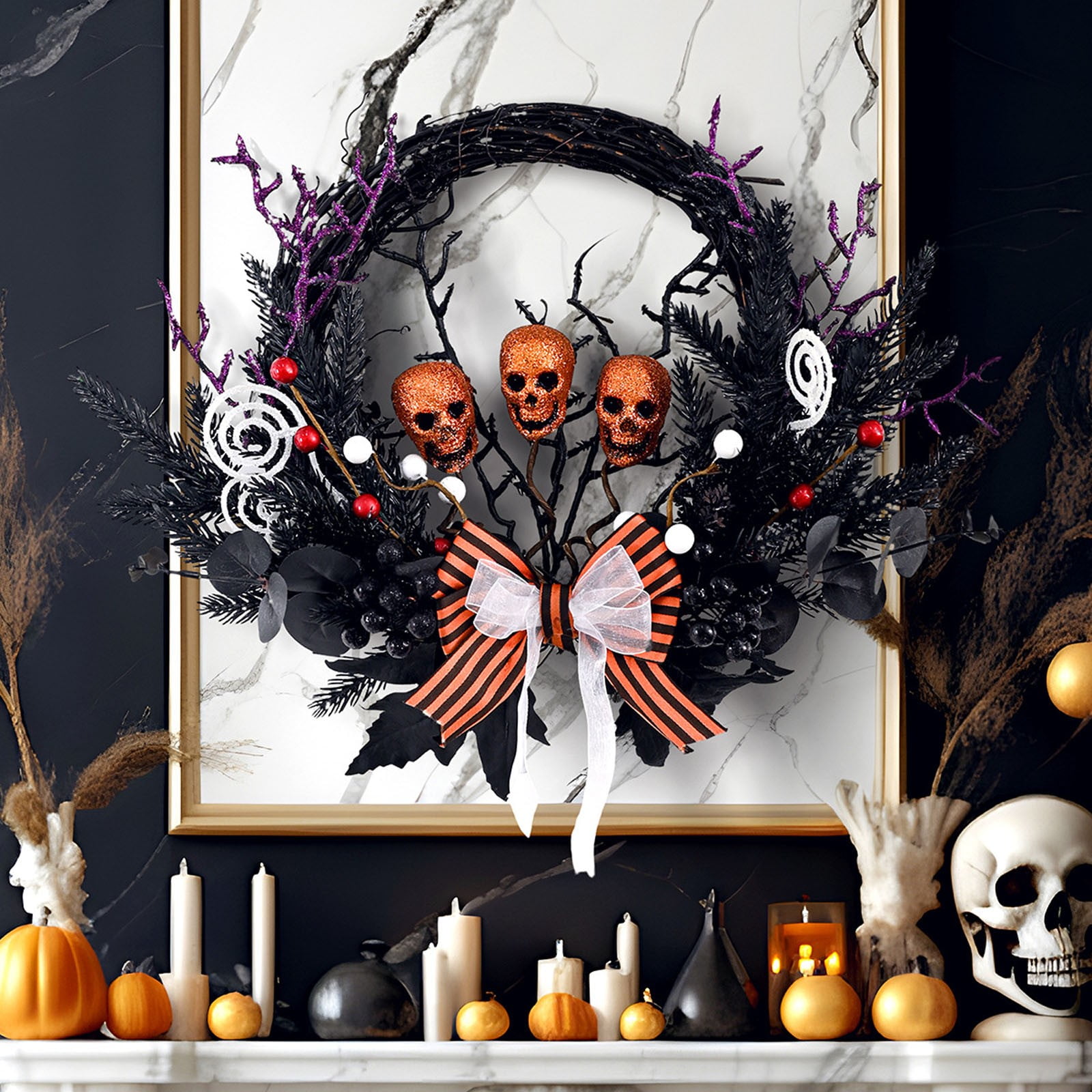 XGFHYJEH Halloween Skeleton Wreath, Halloween Wreaths for Front Door ...