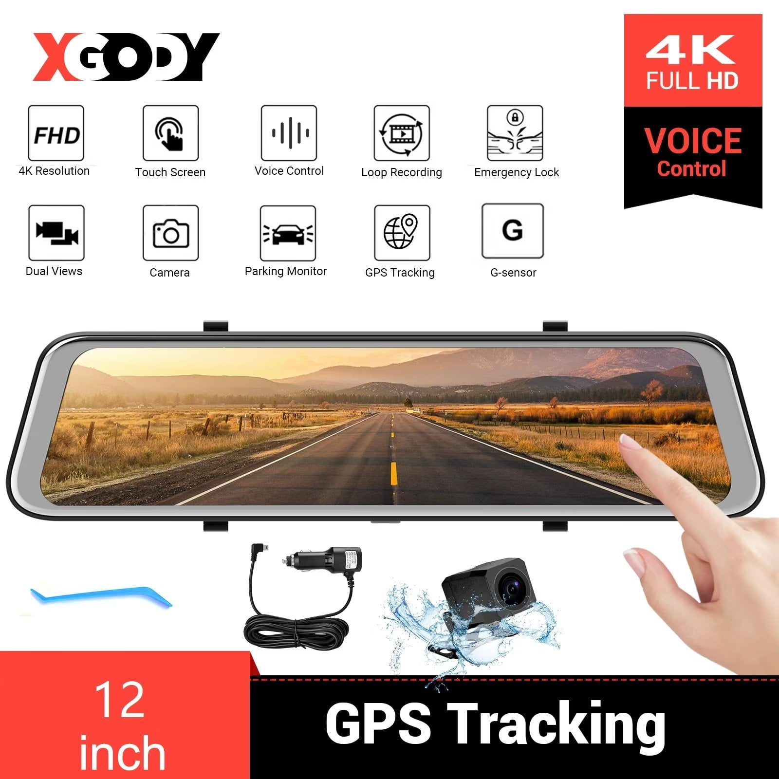 XGODY 12 inch Mirror Dash Camera With 32GB TF Card 4K + 1080P Dual Dash ...