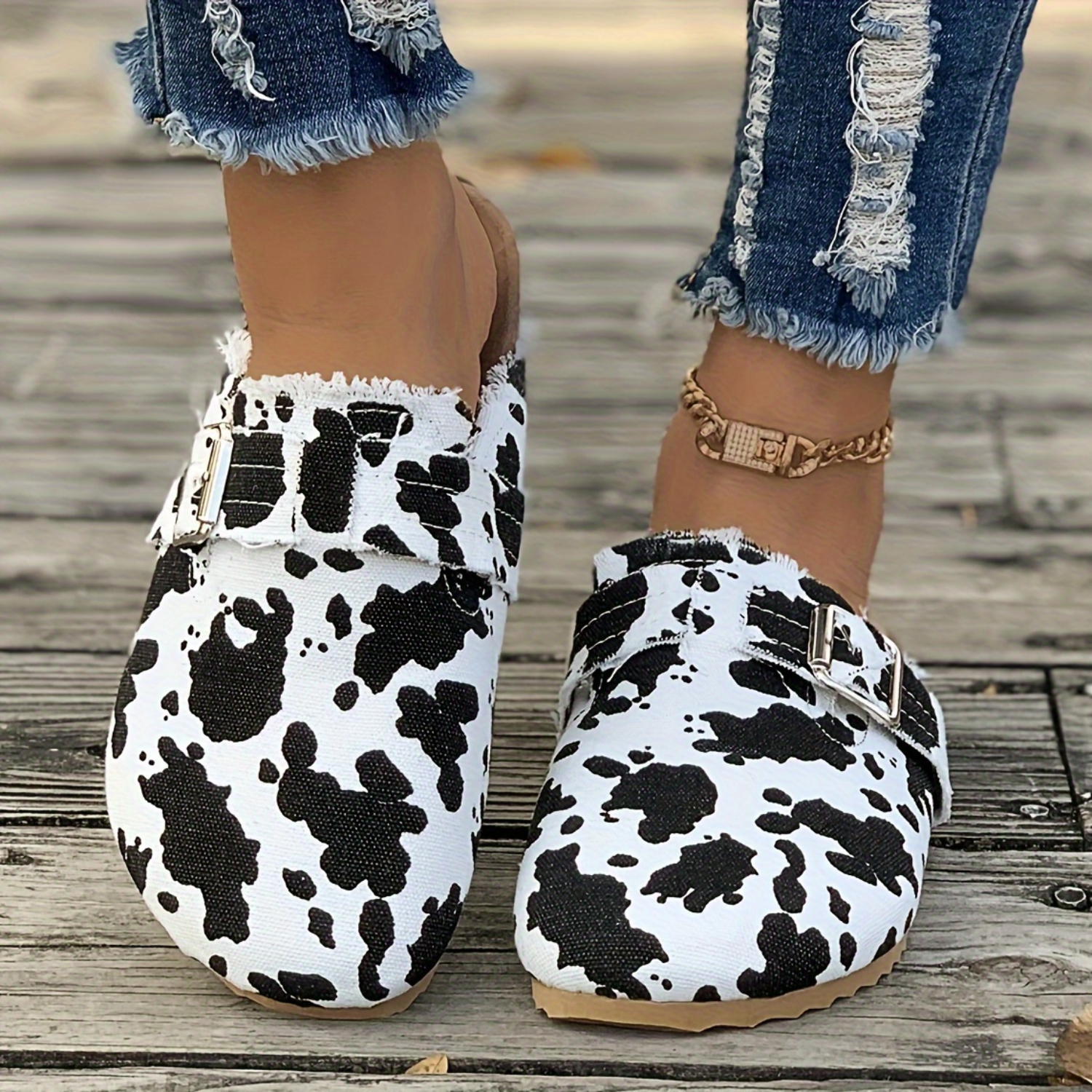 XGUANGZHP Women‘s Cow Print Flat Mules - Casual Backless Shoes with ...