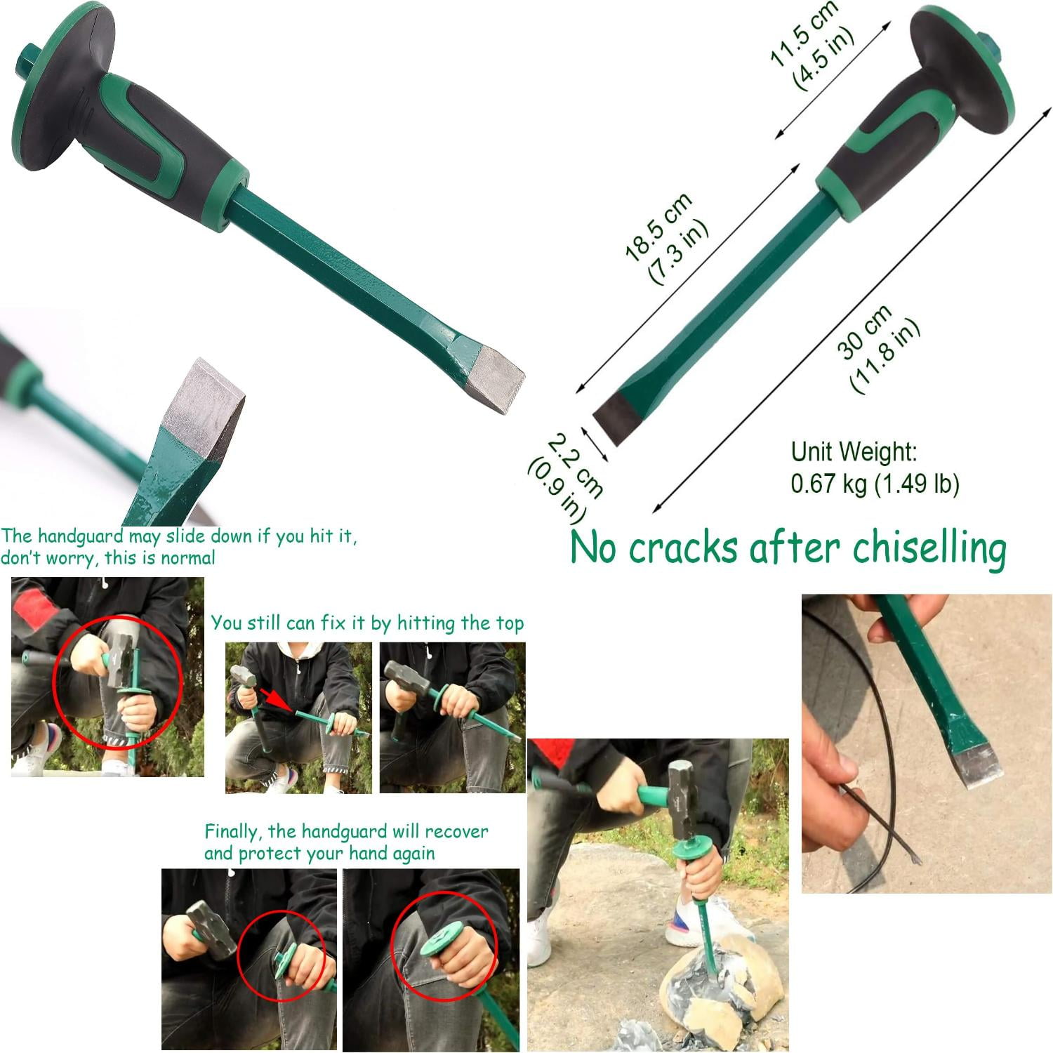 XGZHP2 Ideal Heavy Duty 12-inch Flat End Rock Concrete Mortar Stone Chisel with Hand Guard ...