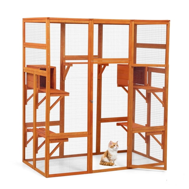 Xgeek Outdoor Wooden Large Cat Enclosure With 5 Perches 2 Condos