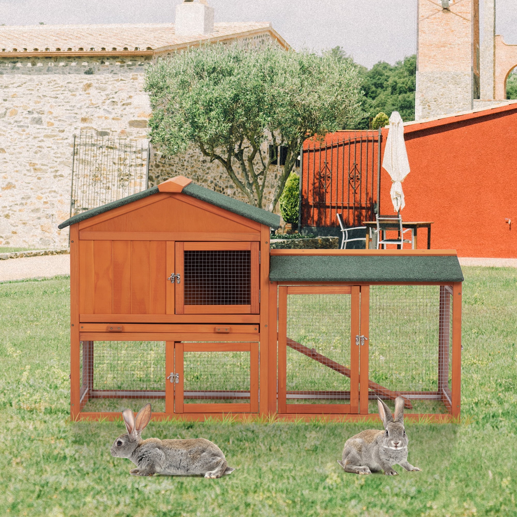 XGeek Large Wood Rabbit Hutch Bunny Cage Indoor and Outdoor with a ...