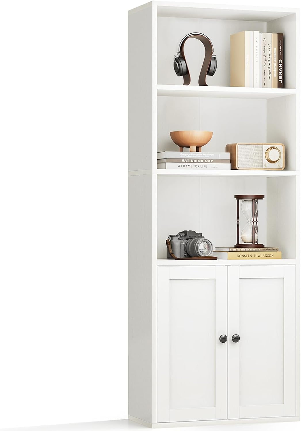 XH Bookshelf and Bookcase with Doors, Floor Standing 5-Tier Shelf ...