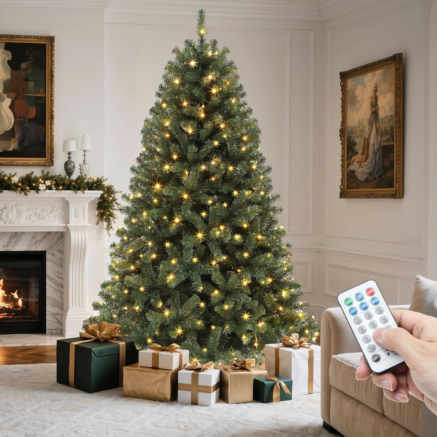 XH Pre-Lit Green Artificial Hinged Christmas Tree with Remote Control ...