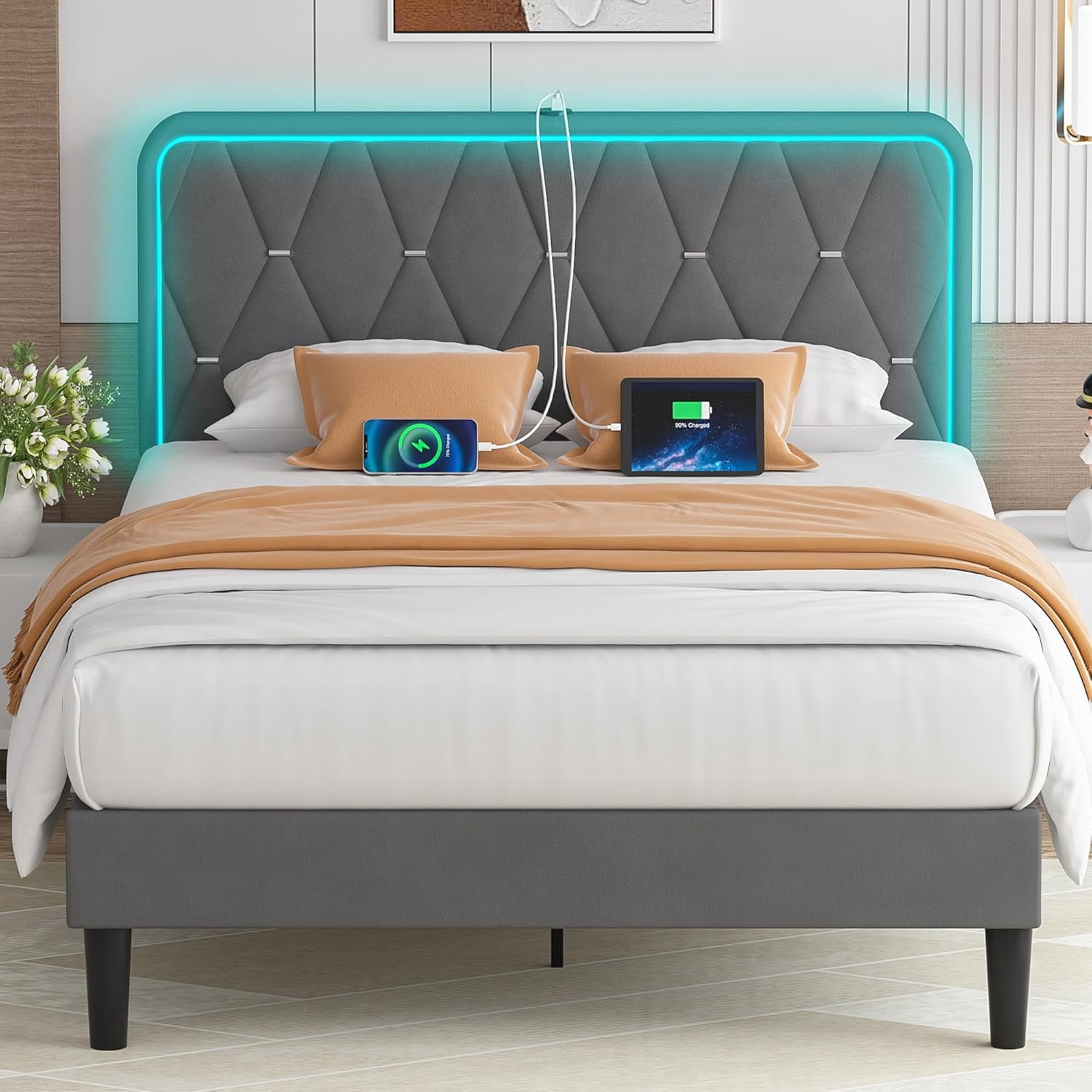 XH Upholstered Queen Bed Frame with Headboard Adjustable, Velvet ...