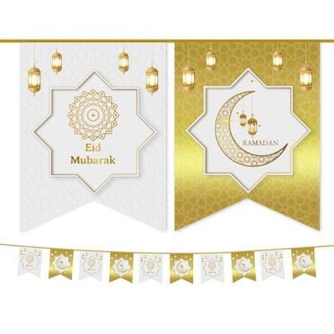 Quqiuxian Ramadan Kareem Burlap Banner Muslim Eid Bunting Pull Flag ...