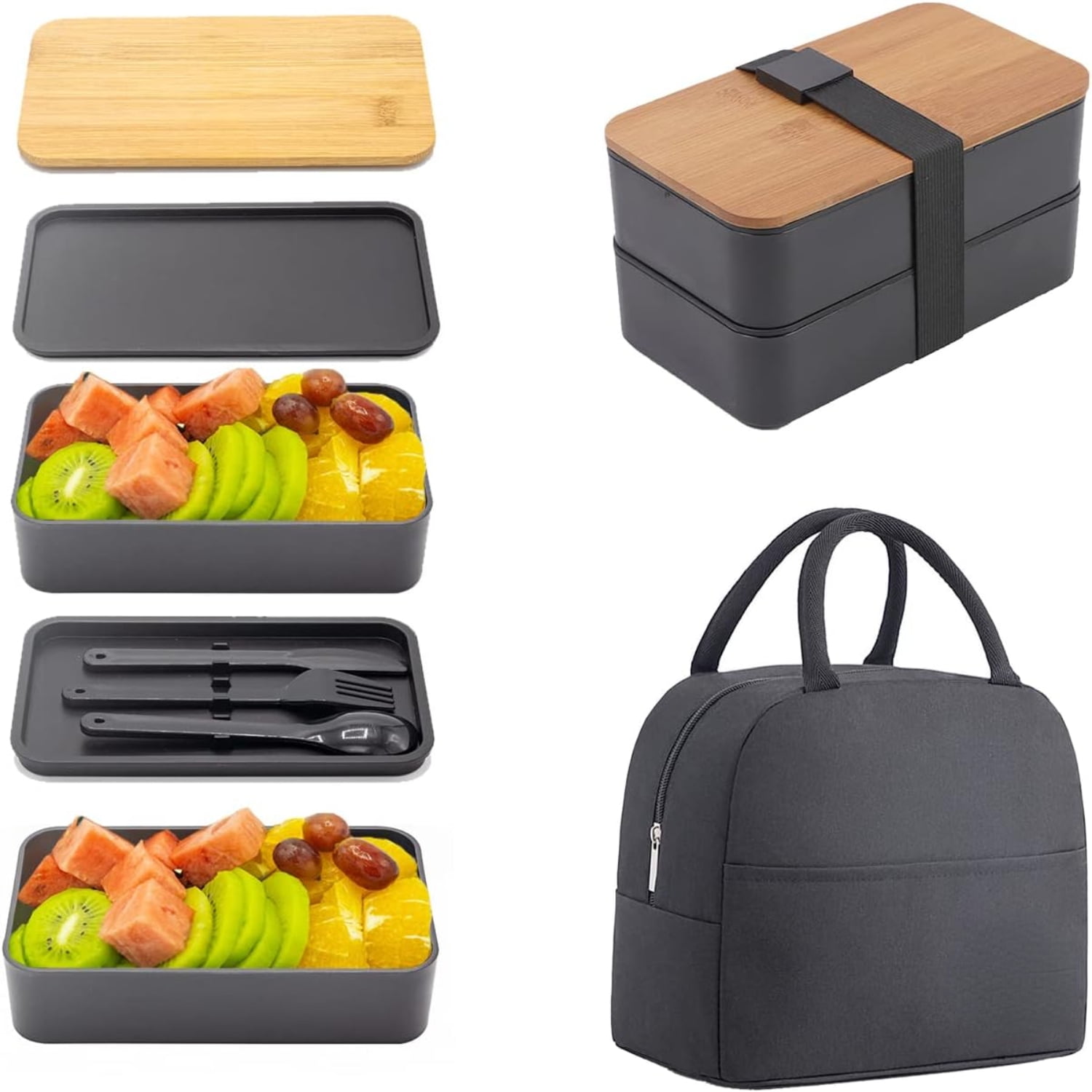 XHUNGLE Convenient and Stylish Japanese black bento box with dividers ...