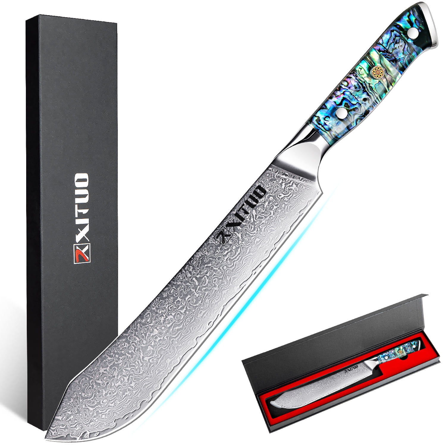 XI TUO 9.5-Inch Chef knife Damascus 67-Layer Japanese VG10 Steel, Abalone Shell Handle Santoku ...