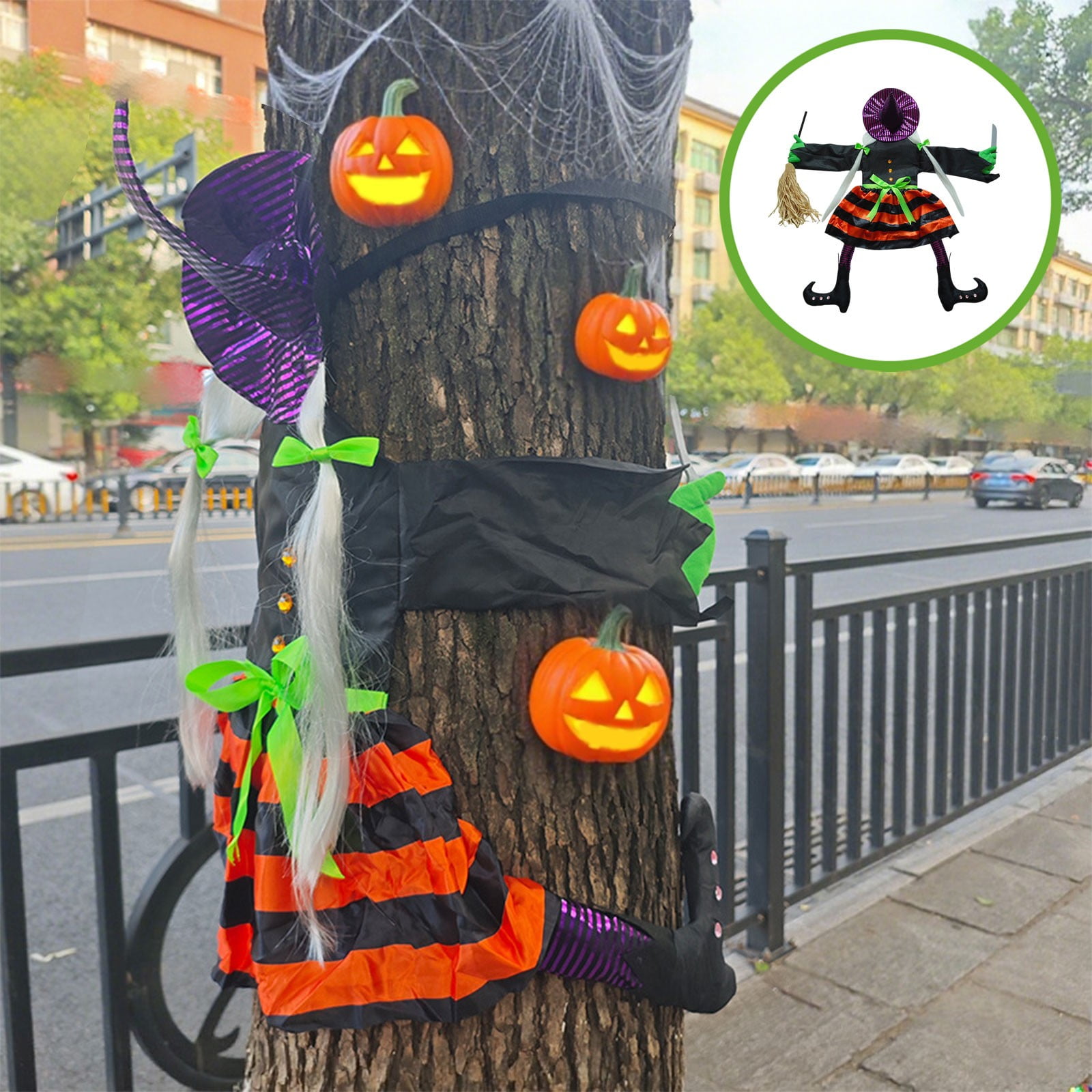 XIA0LE Halloween Tree Climbing Witch Brooms Holding Tree White Haired ...