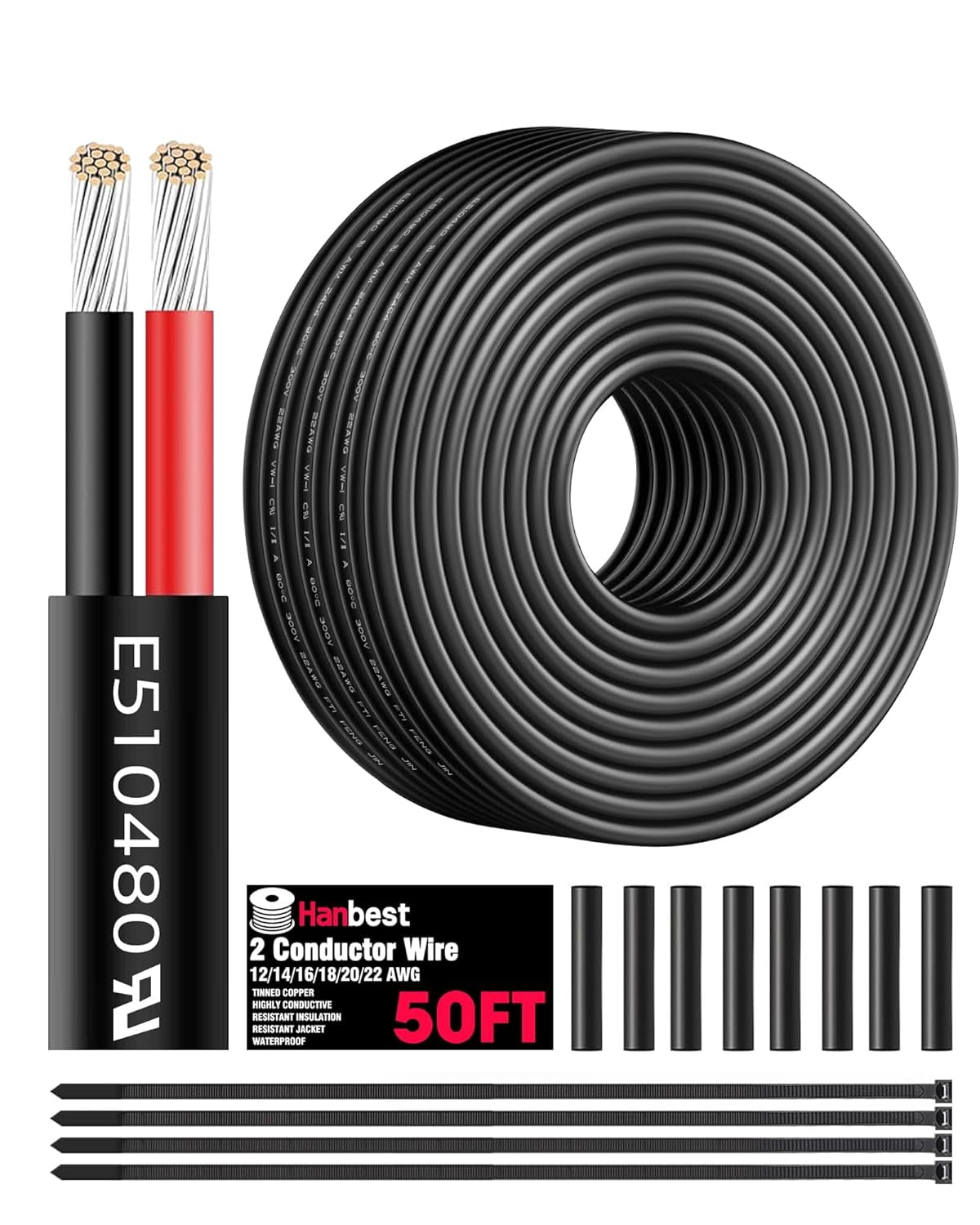 XIACOCO-22 Gauge Wire 22/2 Wire 2 Conductor Electrical 22 Awg Wire 50Ft ...