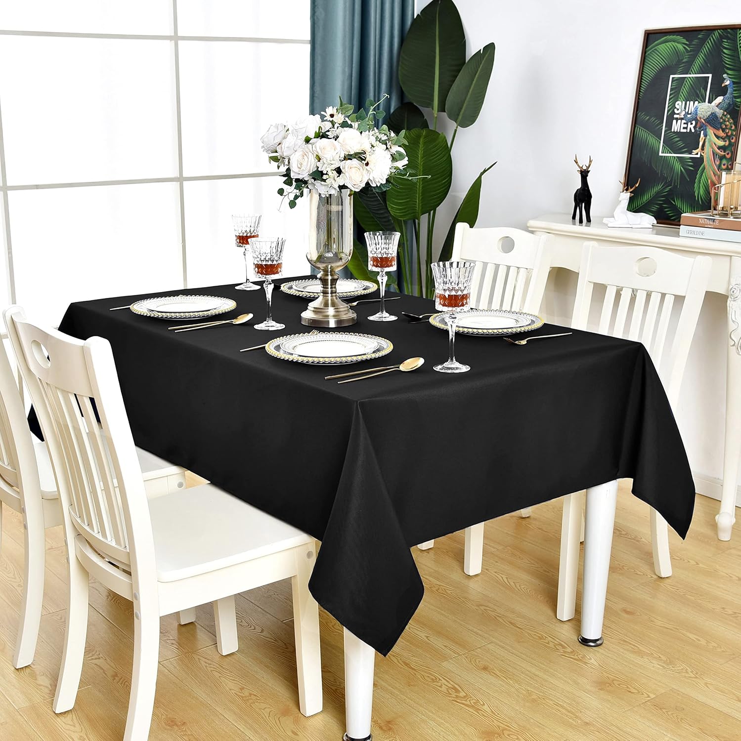 XIACOCO-Black Rectangle Tablecloth Waterproof Stain Resistant Wrinkle ...