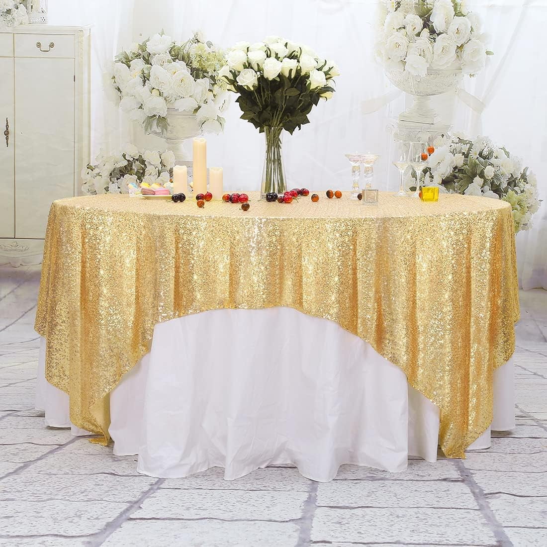 XIACOCO-Gold Sequin Tablecloth 90"X90" Square Sparkly Table Cloth For ...