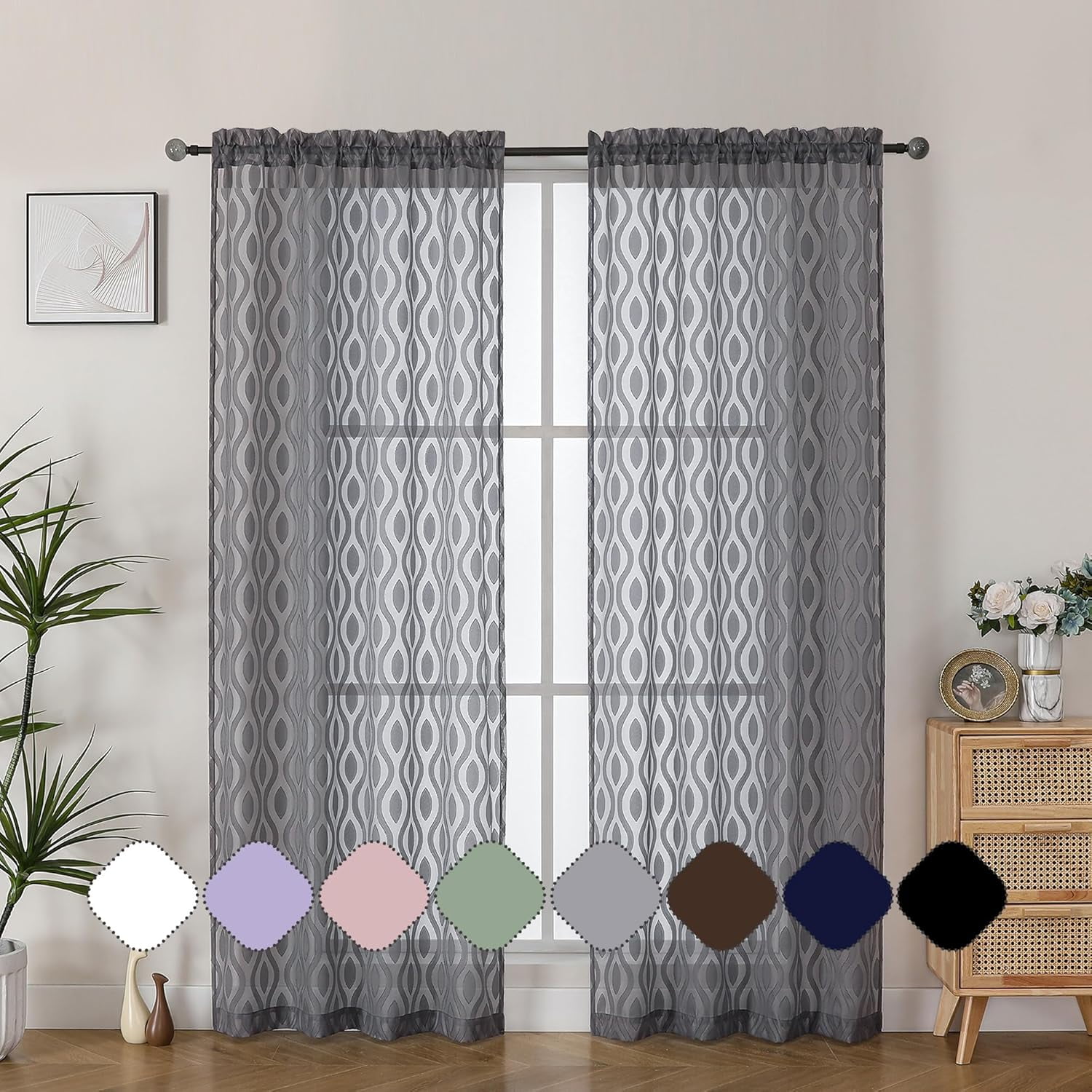 XIACOCO-Grey Sheer Curtains 72 Inches Long 2 Panels Set, Clip Jacquard Textured Sheer Light ...