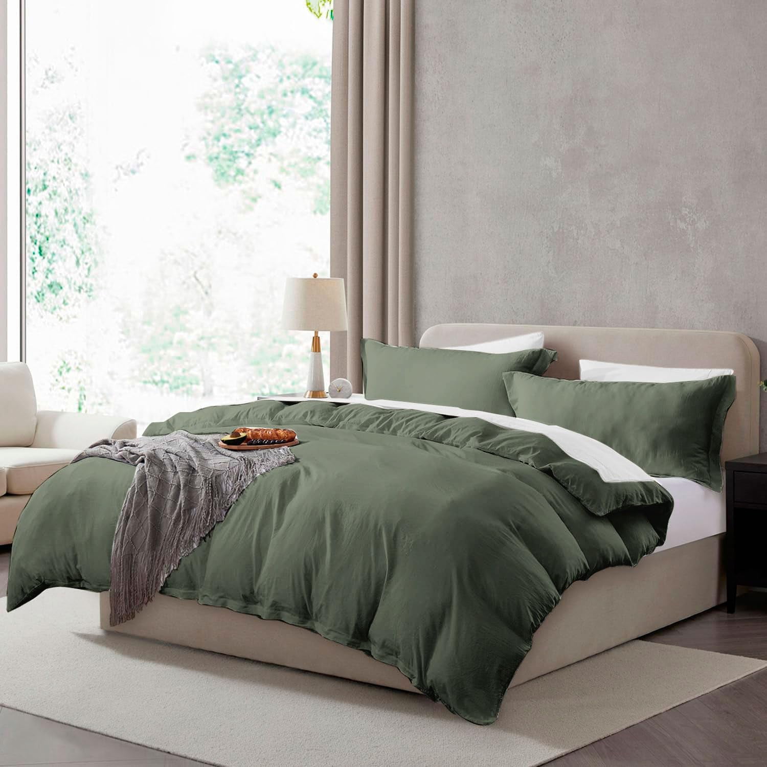 XIACOCO-Queen Duvet Cover Set - Queen Soft Prewashed Olive Green Duvet ...