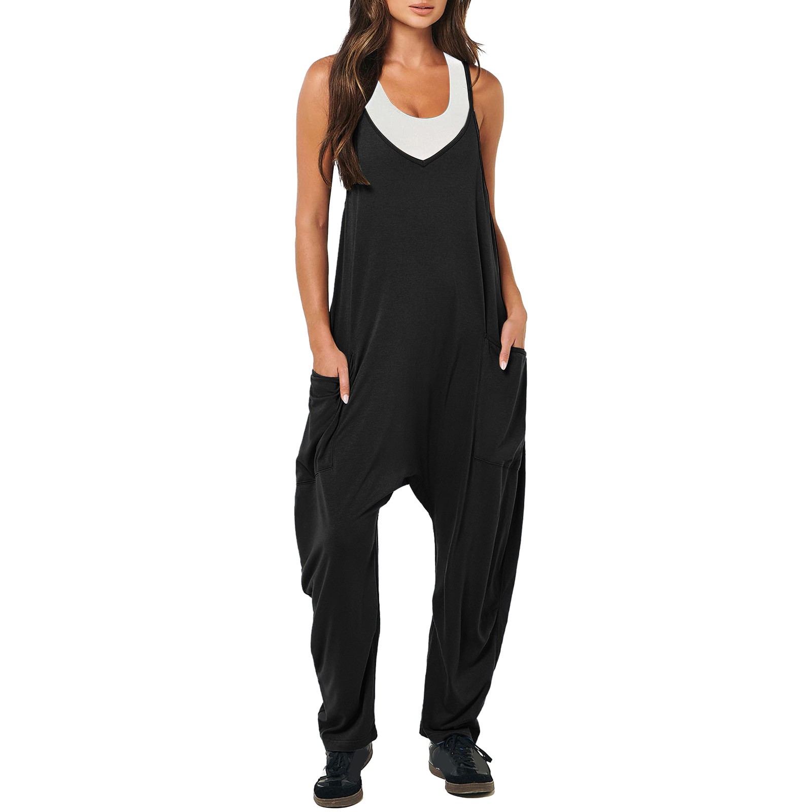 STARVNC Women Solid Color V Neck Sleeveless Pockets Jumpsuit - Walmart.com