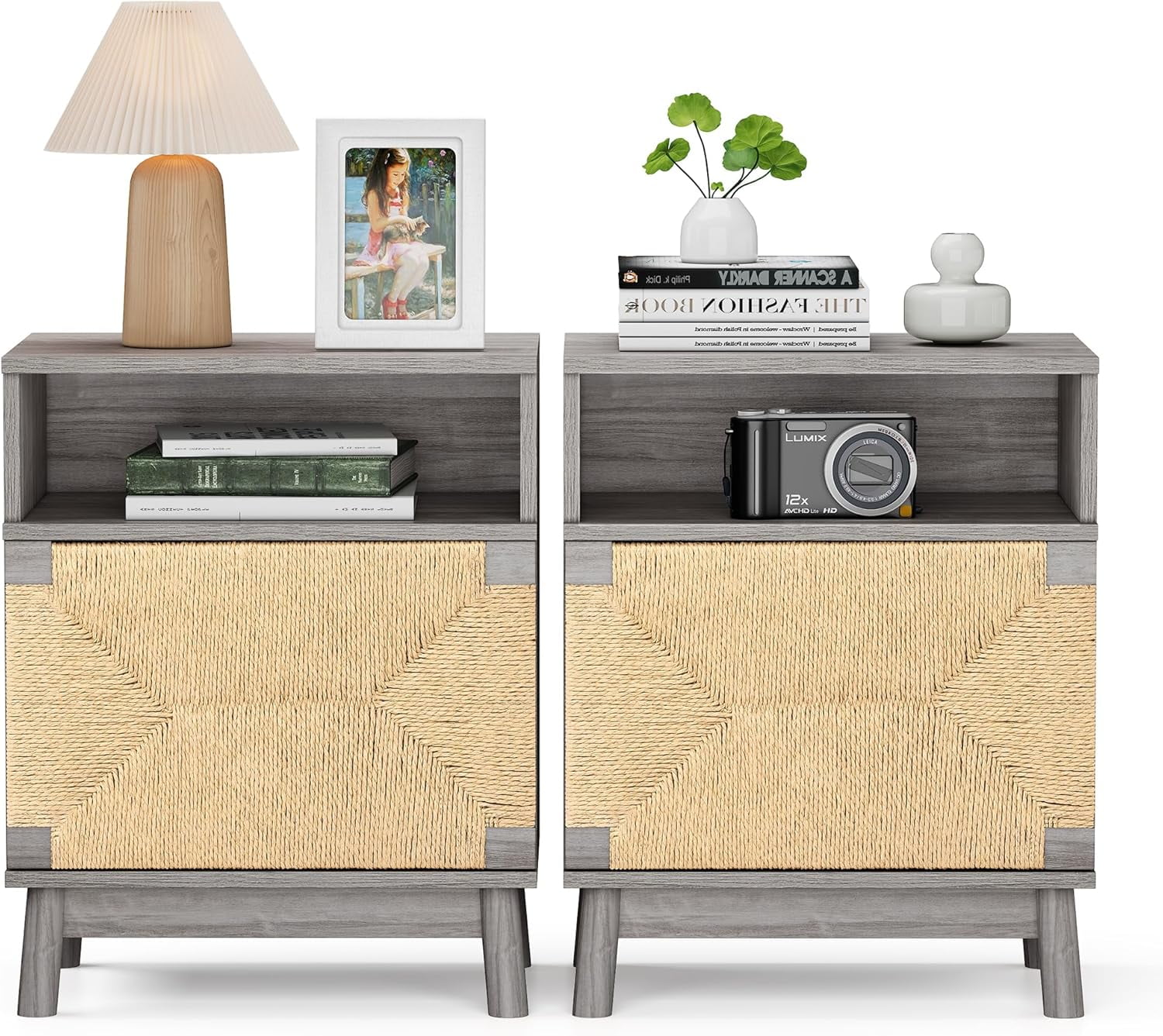 XIAO WEI Large Night Stand Set of 2 with Hand-Woven Natural Paper Rope ...