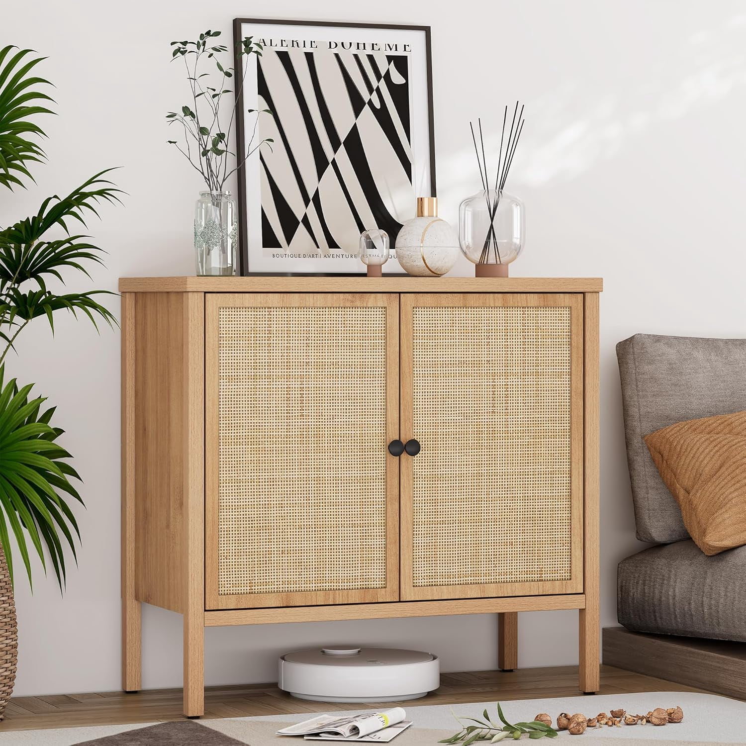 XIAO WEI Rattan Cabinet with Adjustable Shelves, Sideboard Buffet ...