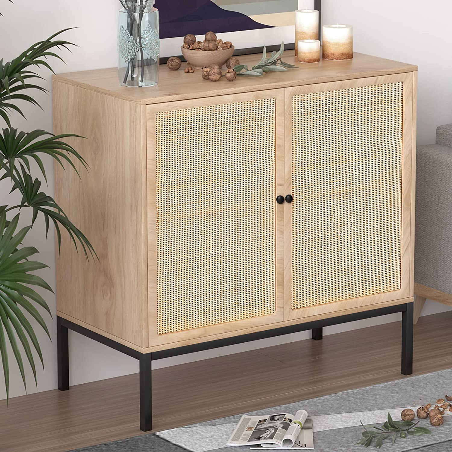 XIAO WEI Sideboard Cabinet with Natural Rattan Hand-Woven 2 Doors, Rattan Cabinet Console Table ...