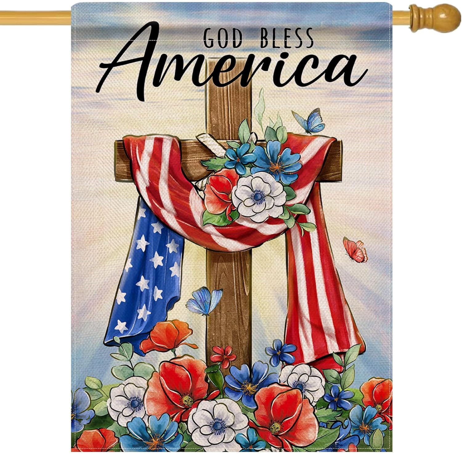 XIAOBIN Memorial Day God Bless America 28x40 House Flag Double Sided, 4th of July Patriotic ...
