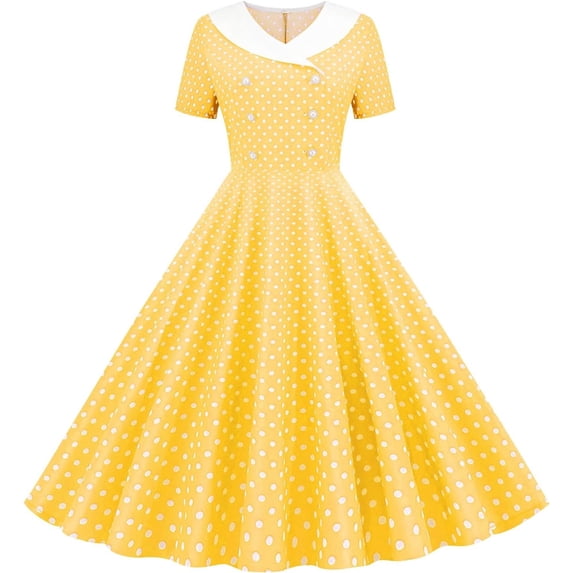 XIAOCHA Dot Dress For Women Flared Buttoned Short Sleeve Peter Pan Neck ...