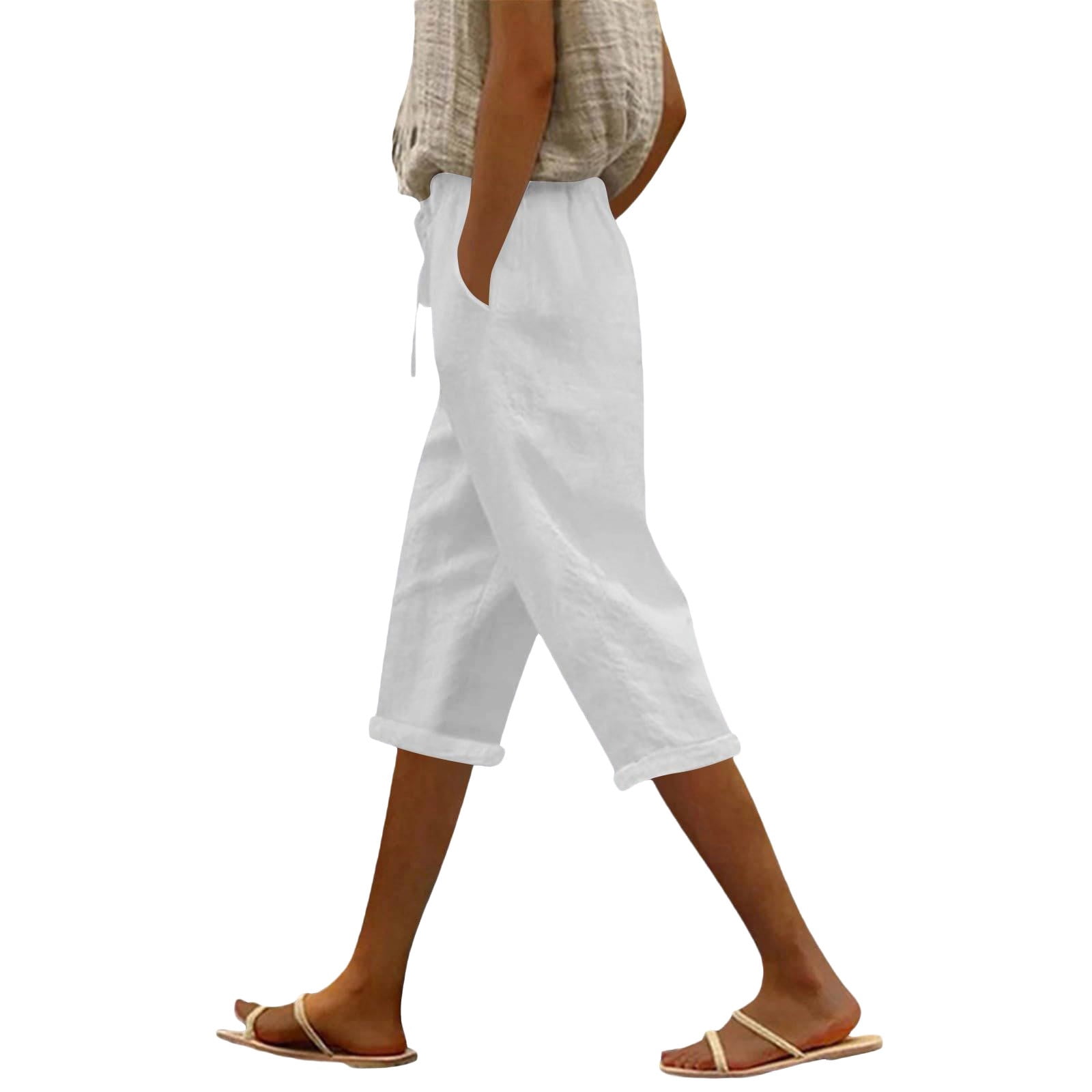 XIAOCHA Drawstring Waist Cropped Pants for Women Rolled-Cuff Relaxed ...