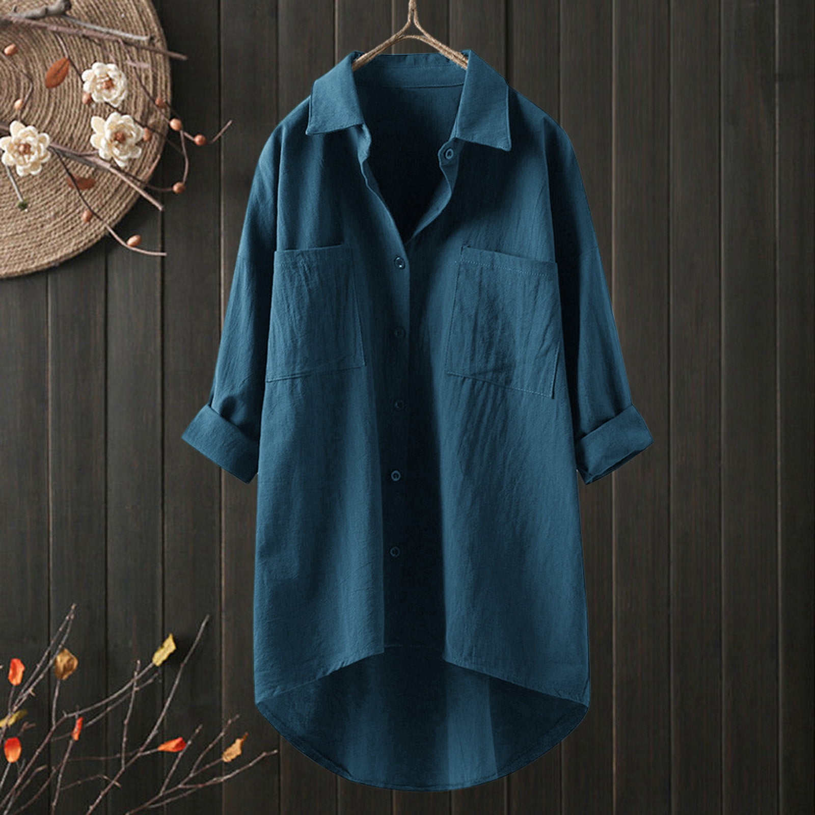 XIAOCHA Dual Pocket Longline Shirt for Women Turn Down Collar Roll-Up ...