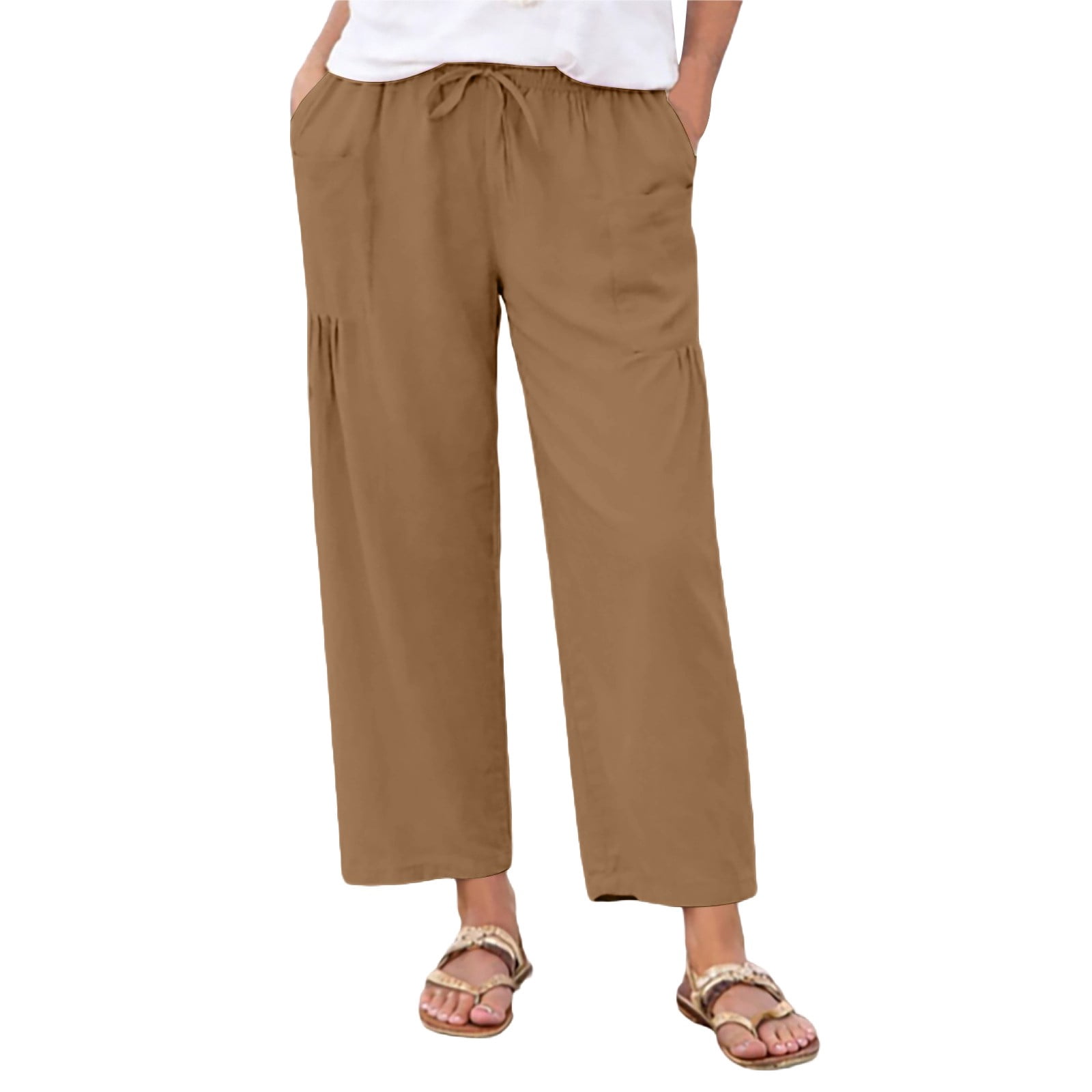 XIAOCHA Elastic Drawstring Wide-Leg Pants for Women Cropped Casual ...