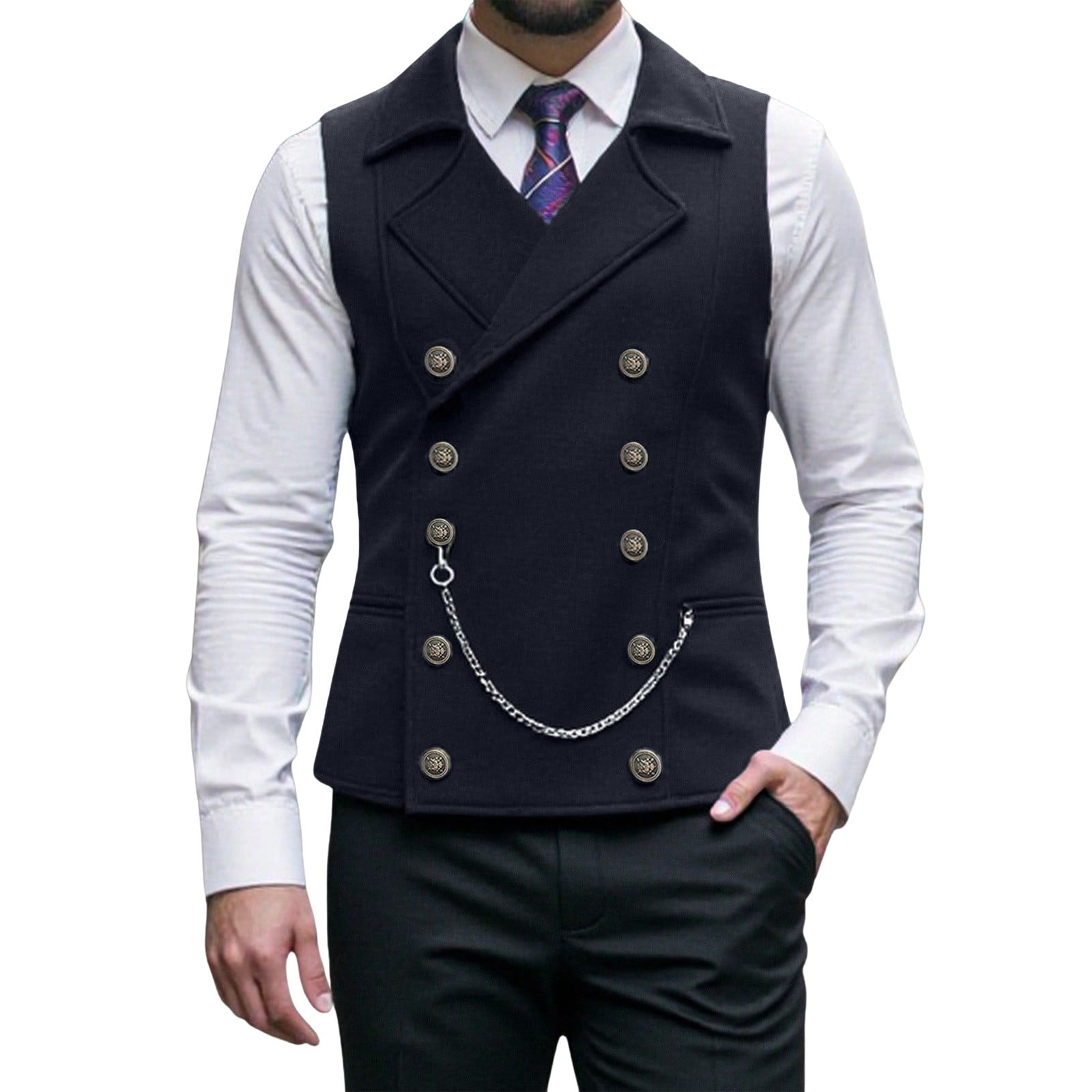 XIAOCHA Men's Steampunk Double- Vest Notched Lapel Chain Detail ...