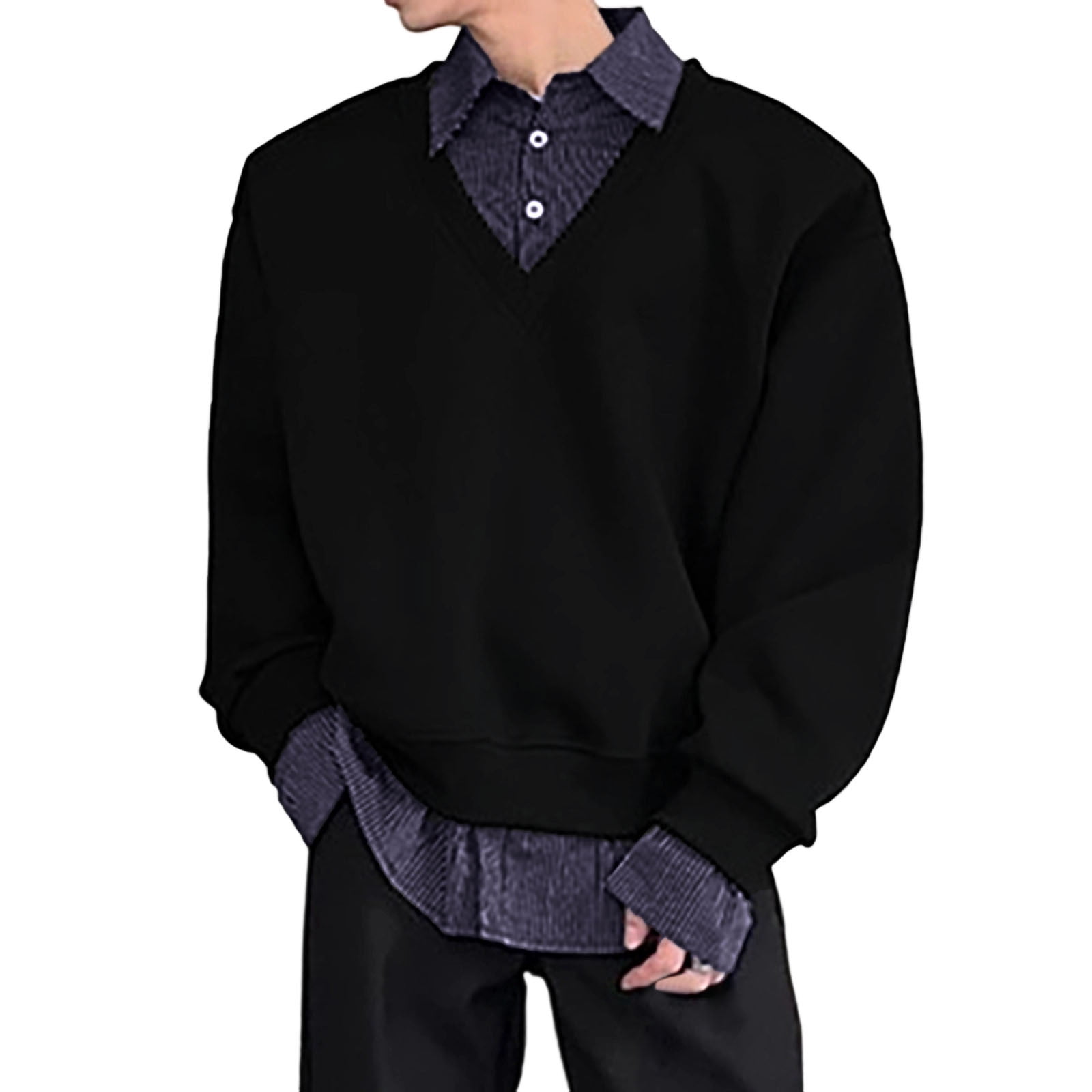 XIAOCHA Mens Layered Sweatshirt Oversized Fit V-Neck Collared Shirt ...
