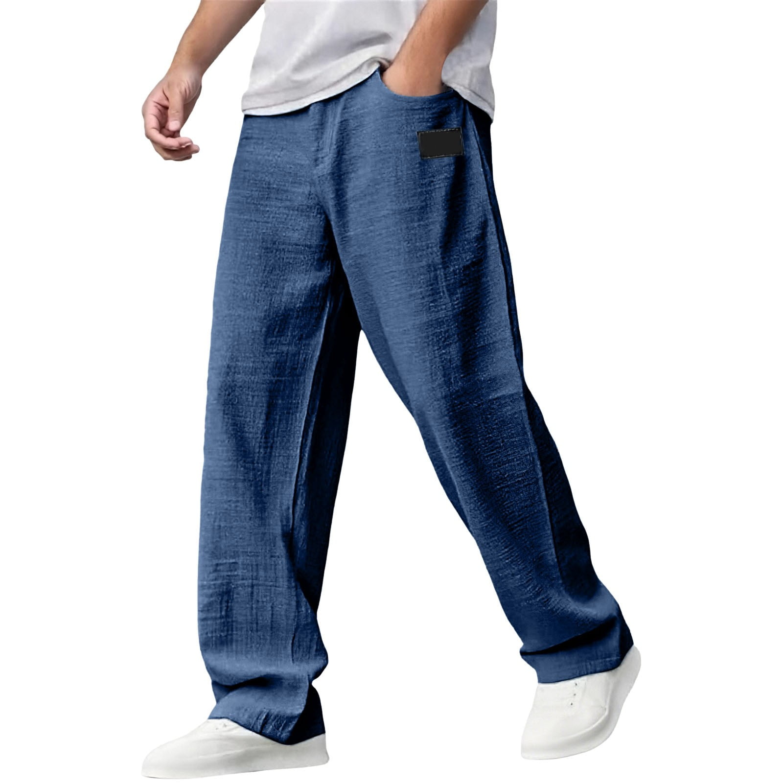 XIAOCHA Mens Sweatpants Solid Color Linen Elastic Waist Soft Loose Straight Leg Casual Pants ...