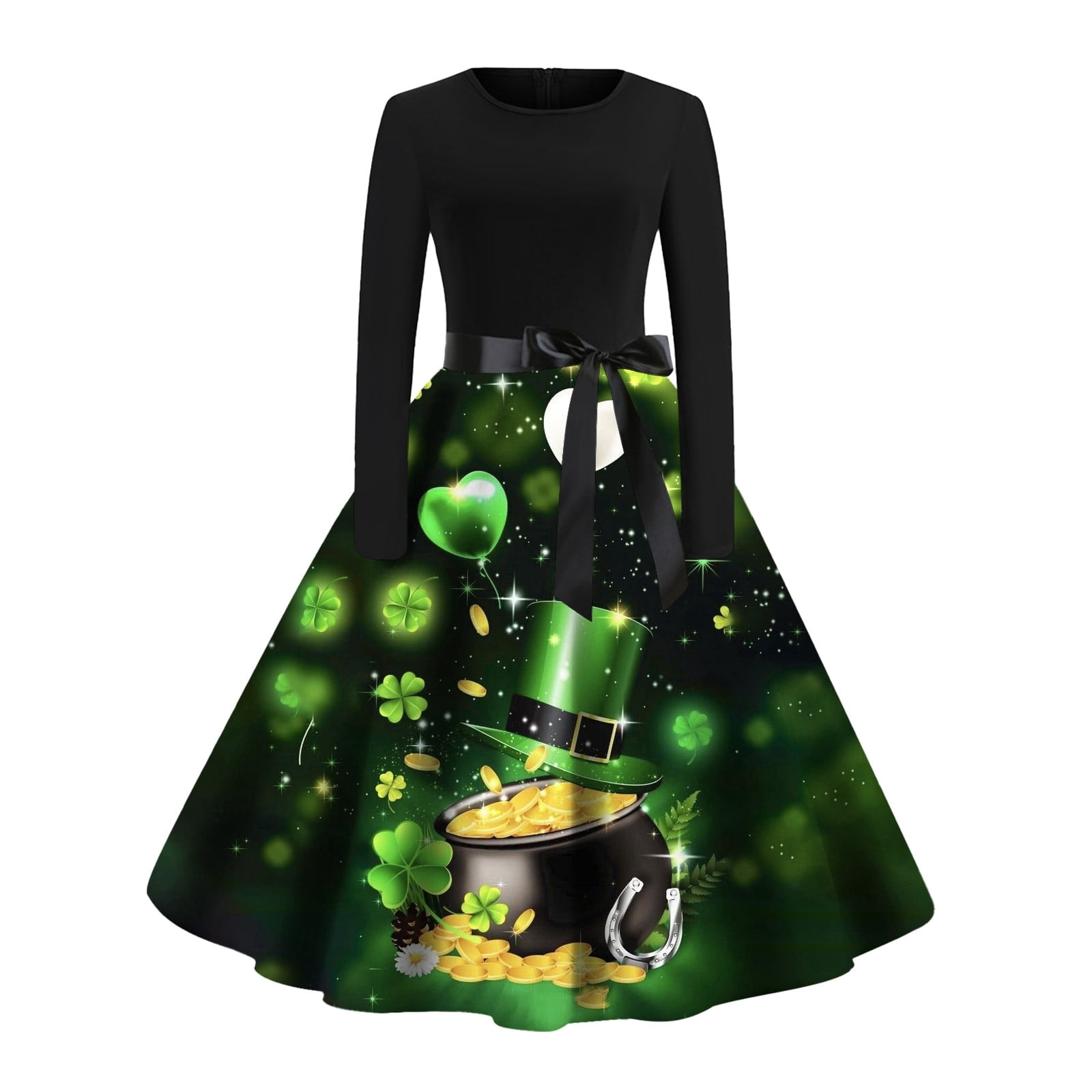 XIAOCHA Shamrock Print Dress For Women Belted Long Sleeve St Patricks ...