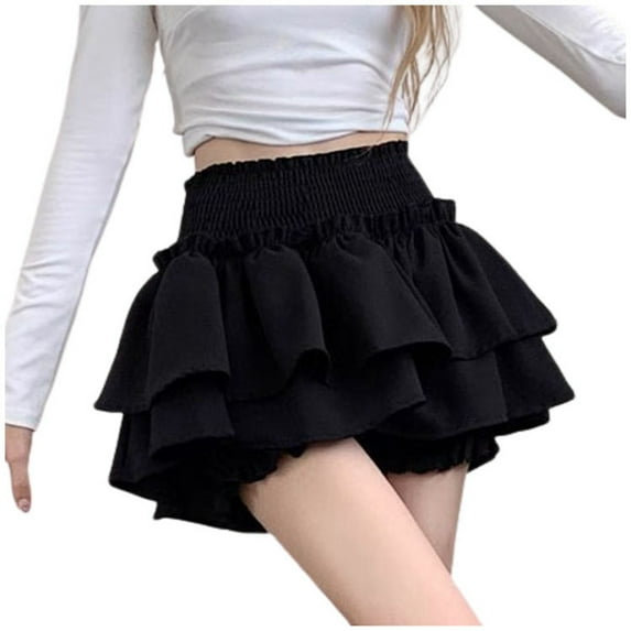 XIAOCHA Women Black Tiered Ruffled Mini Skort High Waist Smocked Flared ...